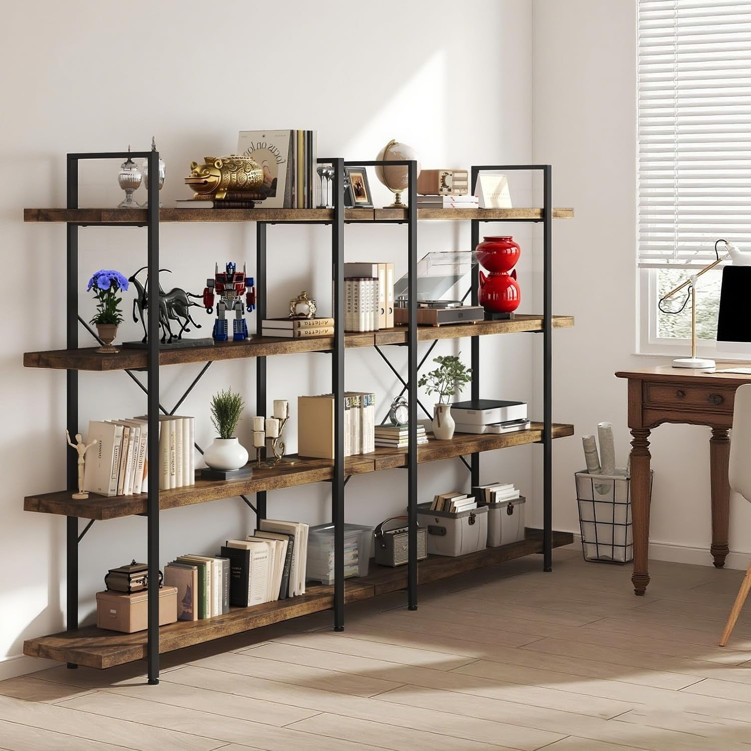 4 Tier Book Shelf, 47'' Wide Wood Industrial Bookshelf, 120lbs Shelf ...