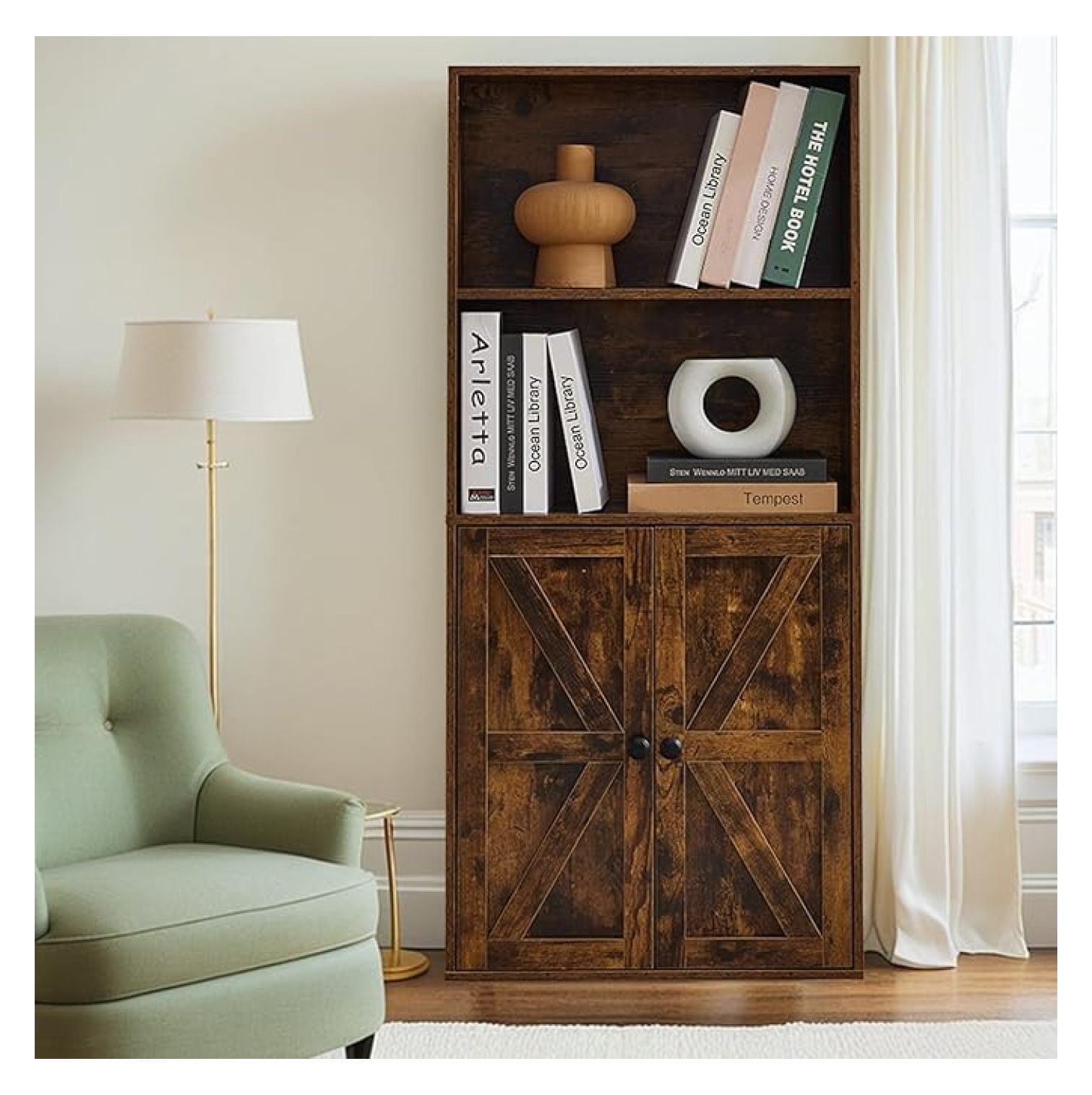 4 Tier Book Shelf with Doors, Brown Bookshelf & Wide Bookcase with ...