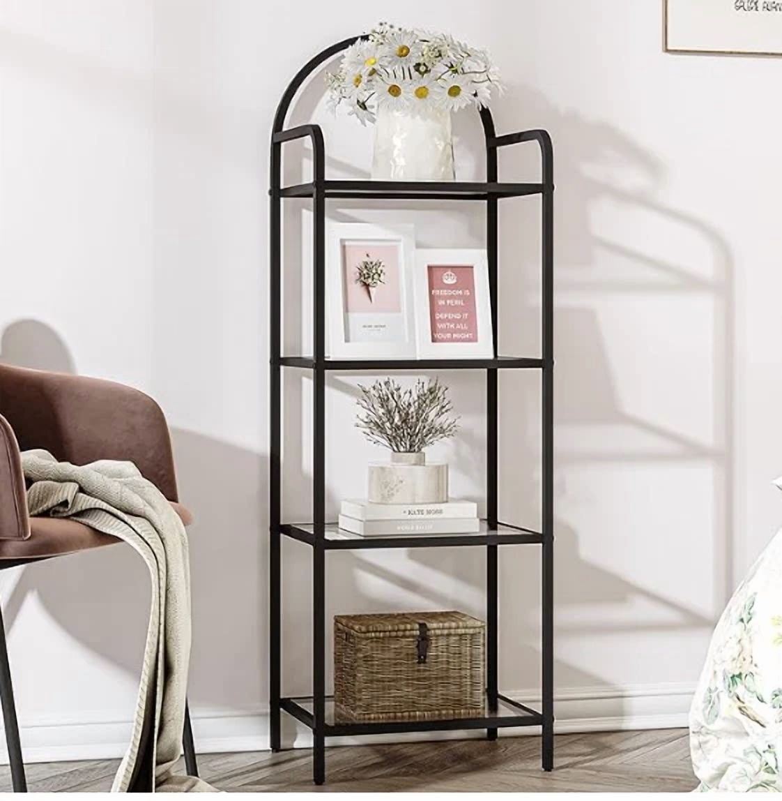 4 Tier Bookcase Bookshelf, tempered glass platform, steef frame ...