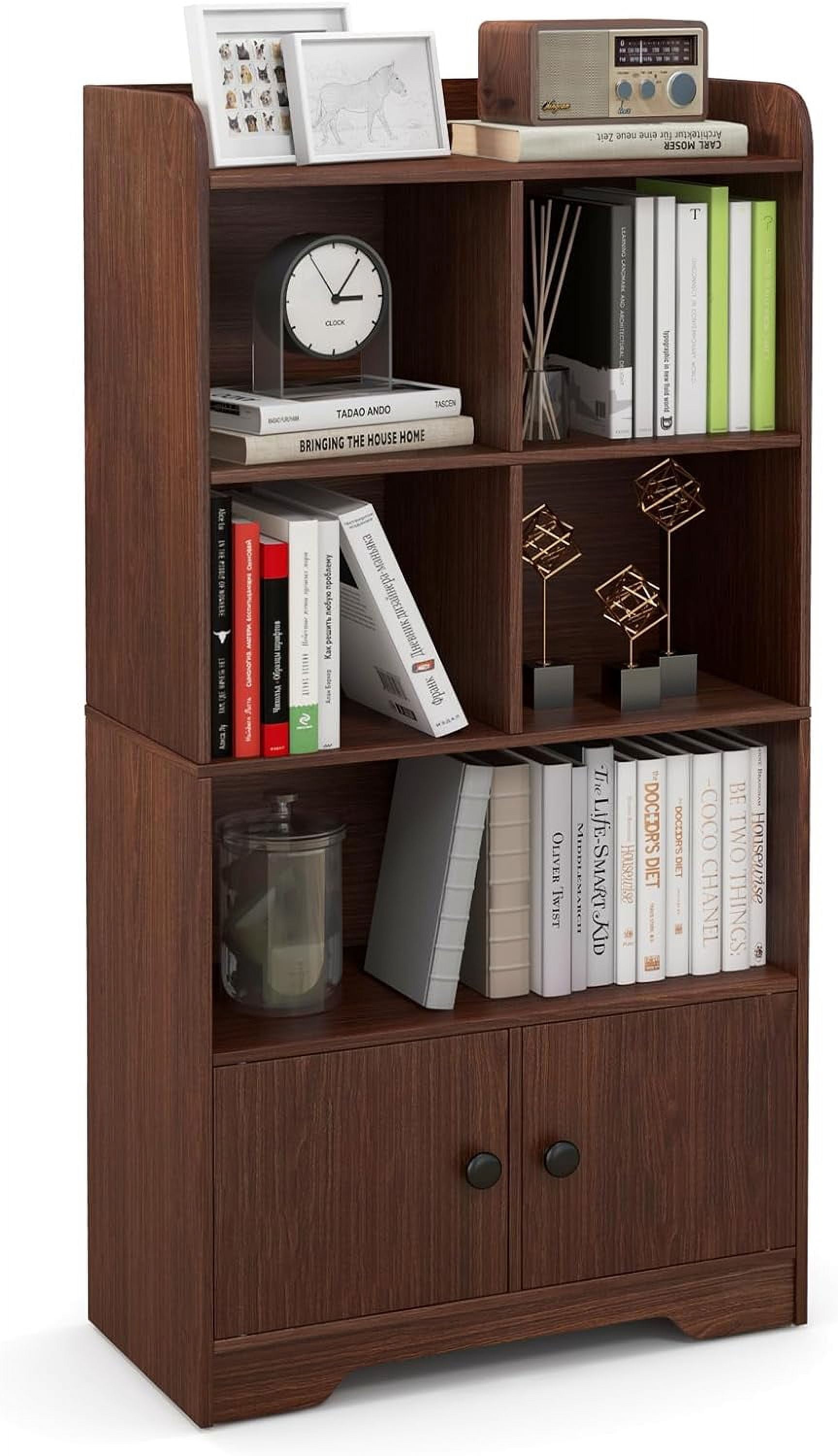 4-Tier Bookcase with Doors, 47.5" Tall Freestanding Wooden Bookshelf ...