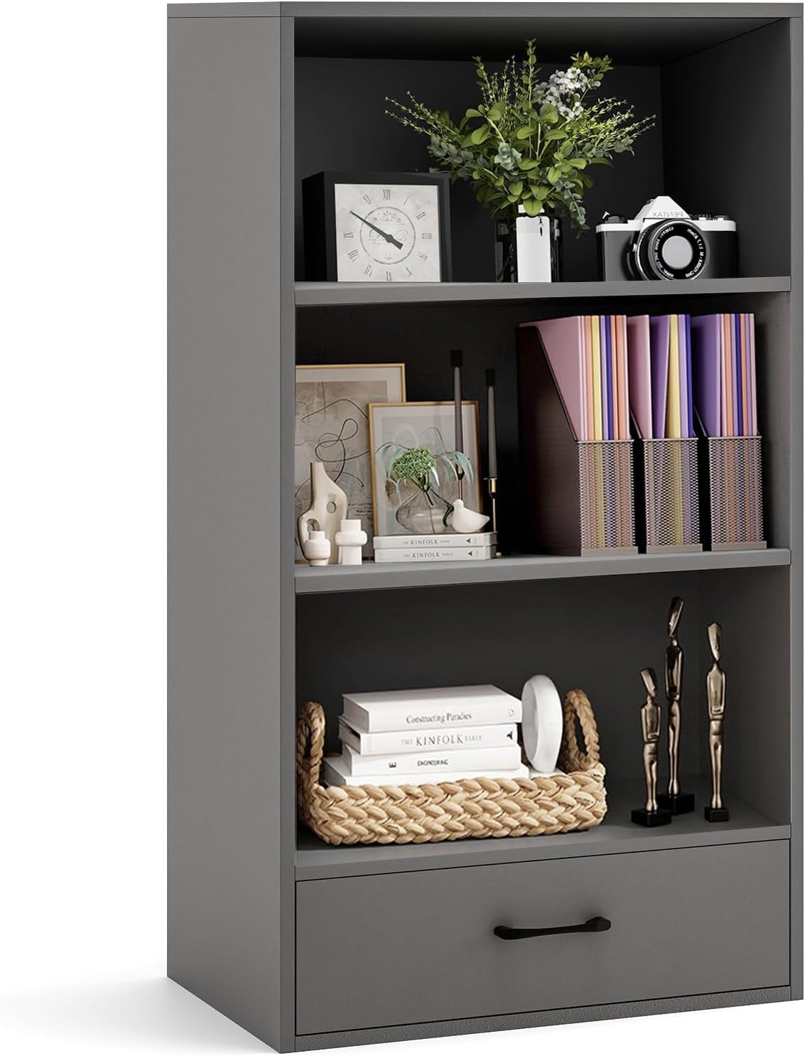 4-Tier Bookcase with Drawer, Wooden Cube Storage Organizer, Modern ...