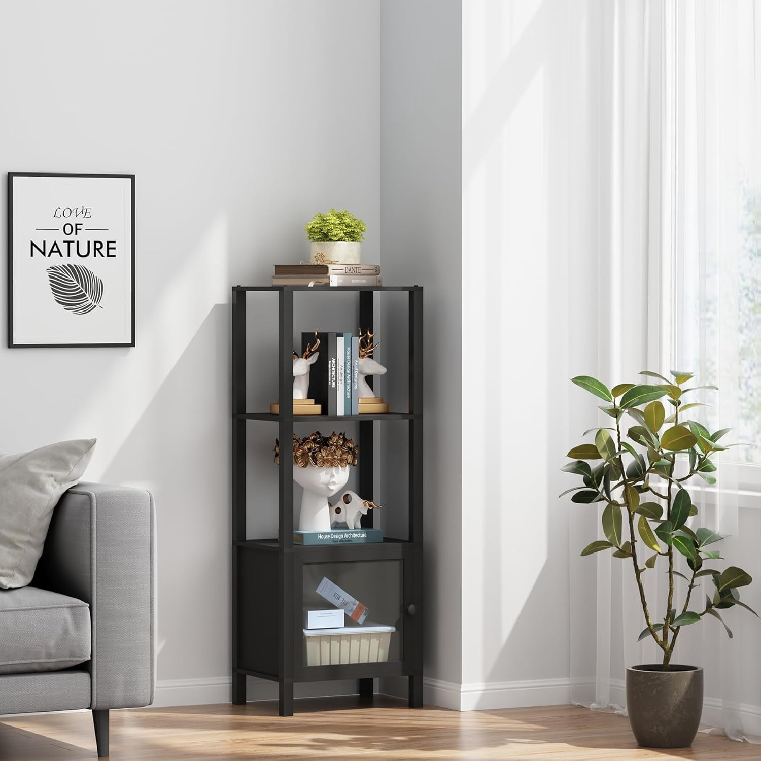 4 Tier Bookcase and Bookshelf, Narrow Book Shelf with Door for Small ...