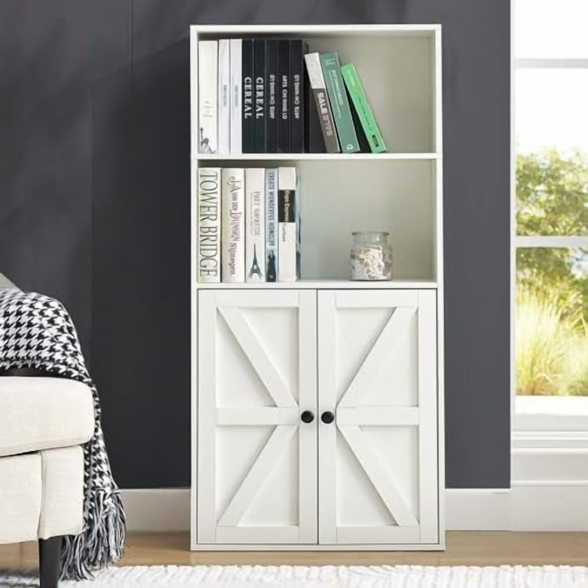 4 Tier Bookcase with Doors, White Bookshelf & Wide Bookcase with ...