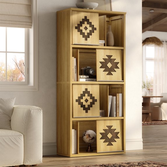 4-Tier Bookcase with Movable Bookends & Beveled Sliding Doors,Wood ...