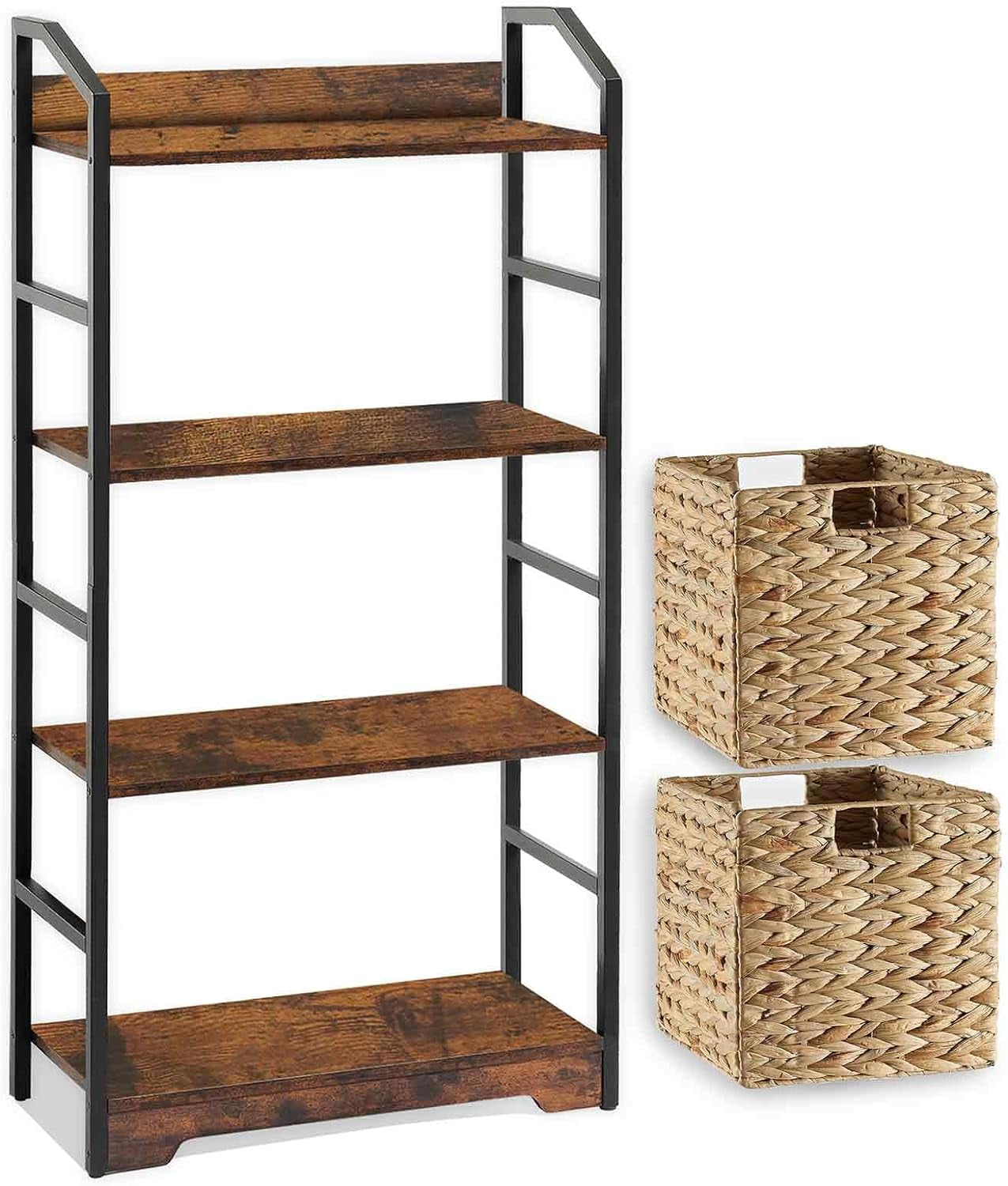 4 Tier Bookshelf with 2 Storage Baskets, Tall Bookcase Shelf Storage ...