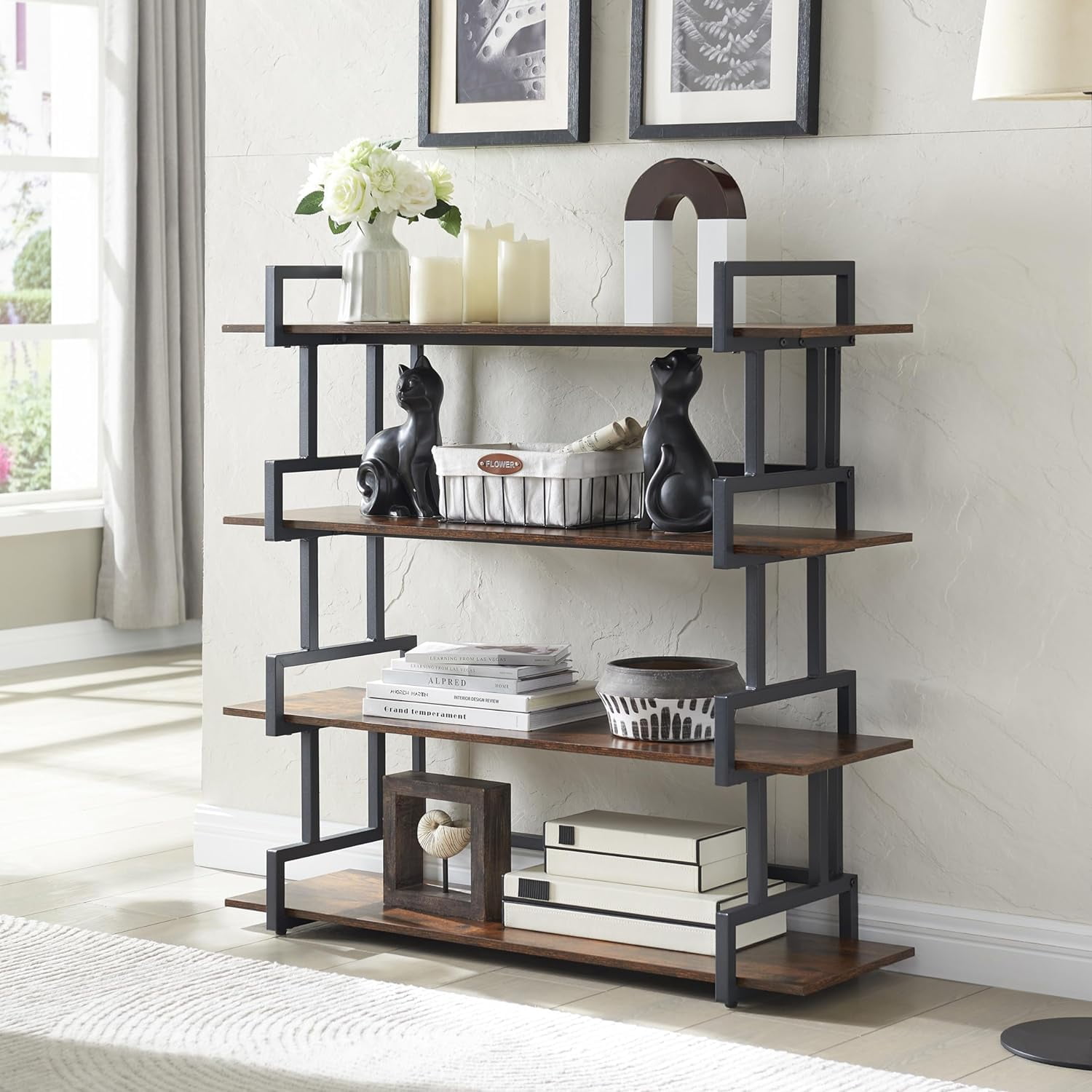 4 Tier Bookshelf, 39.2 inch Tall Bookcase Industrial Wooden Bookshelves ...