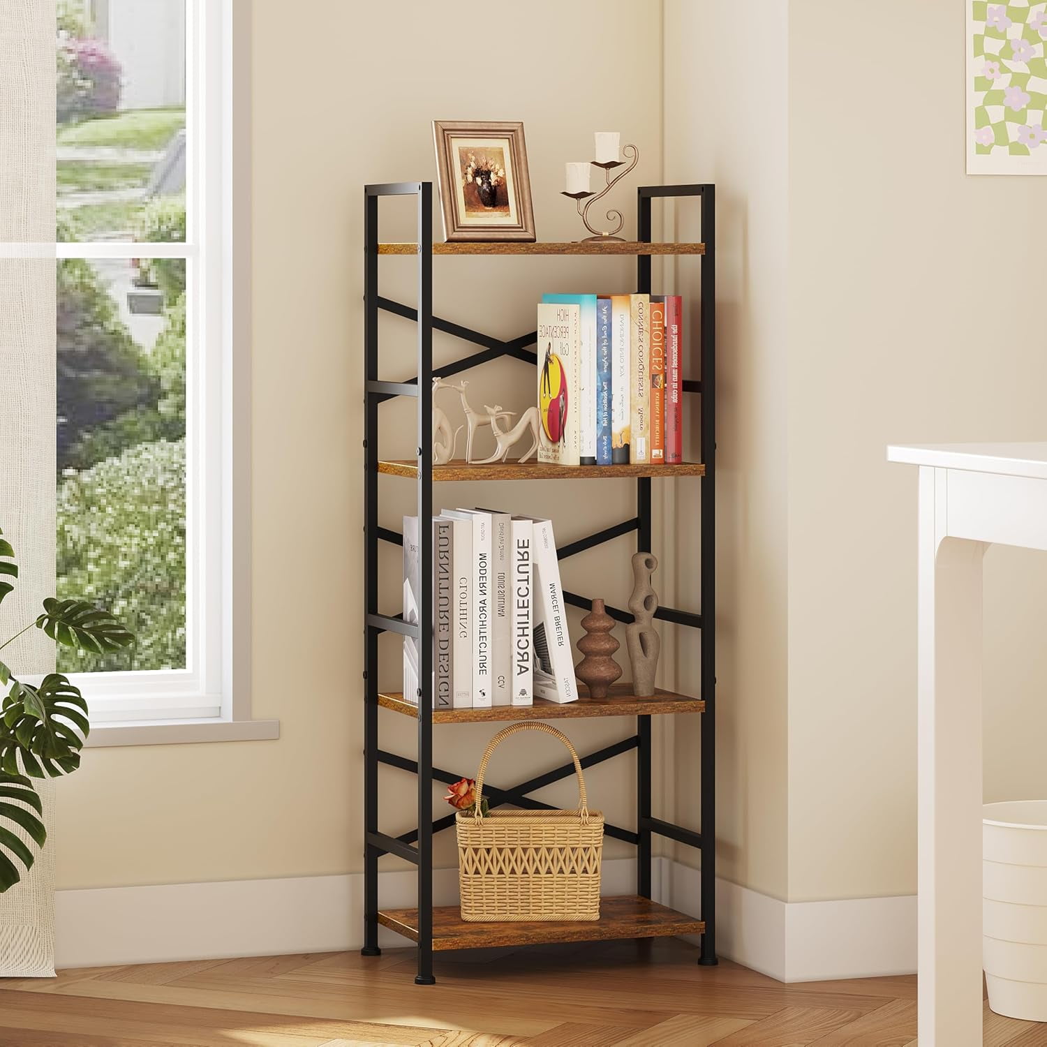 4 Tier Bookshelf with Adjustable Top - Industrial Bookshelf Floor ...