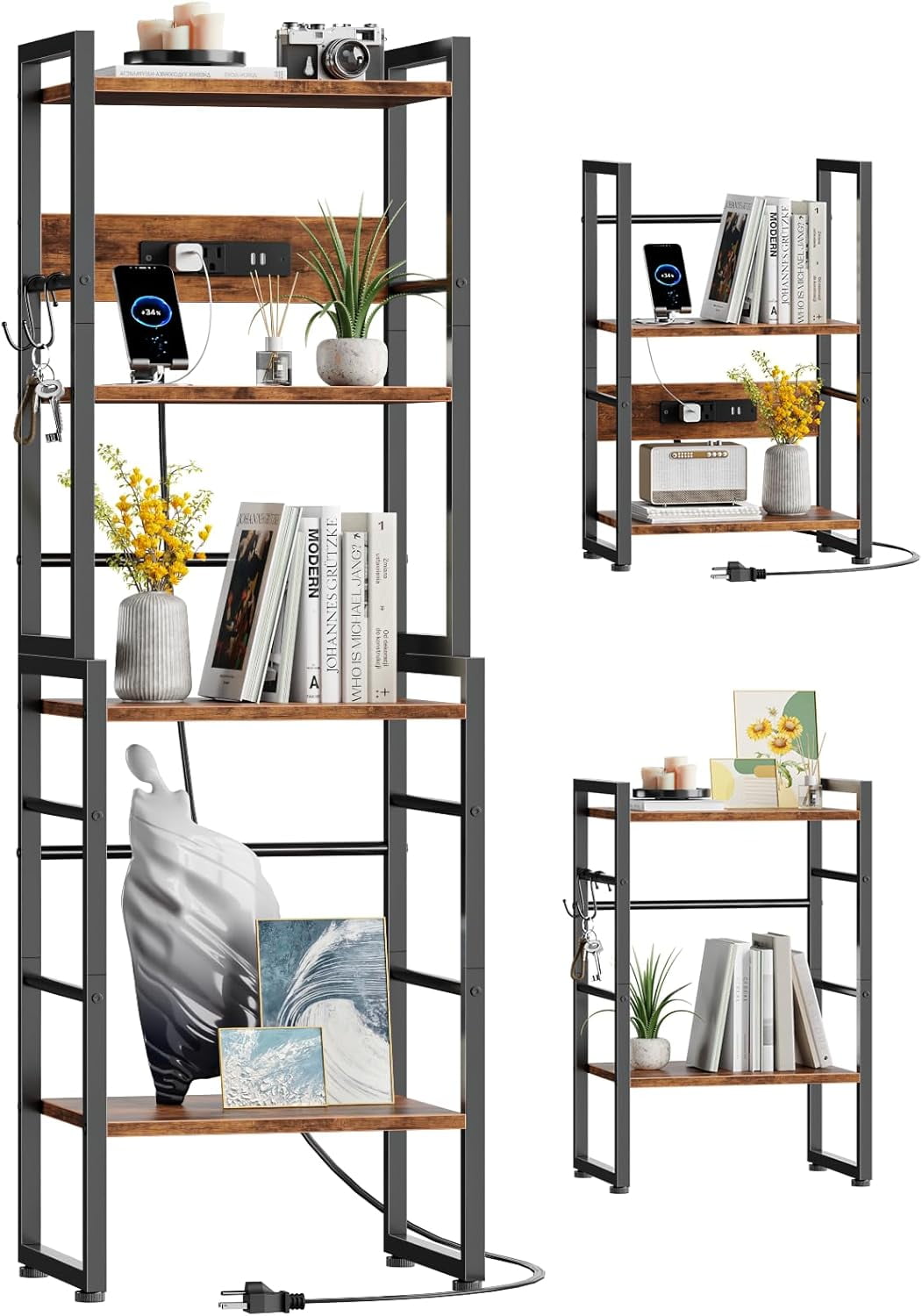 4 Tier Bookshelf with Charging Station, Industrial Small Bookcase Set ...