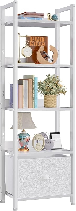 4 Tier Bookshelf with Drawer, Small Narrow Bookcase, Wood and Metal ...