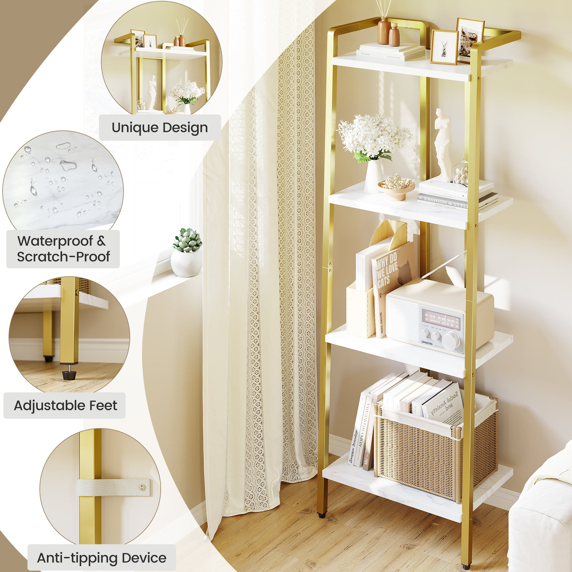 4 Tier Bookshelf, Gold Narrow Bookshelf with Metal Frame, Small ...