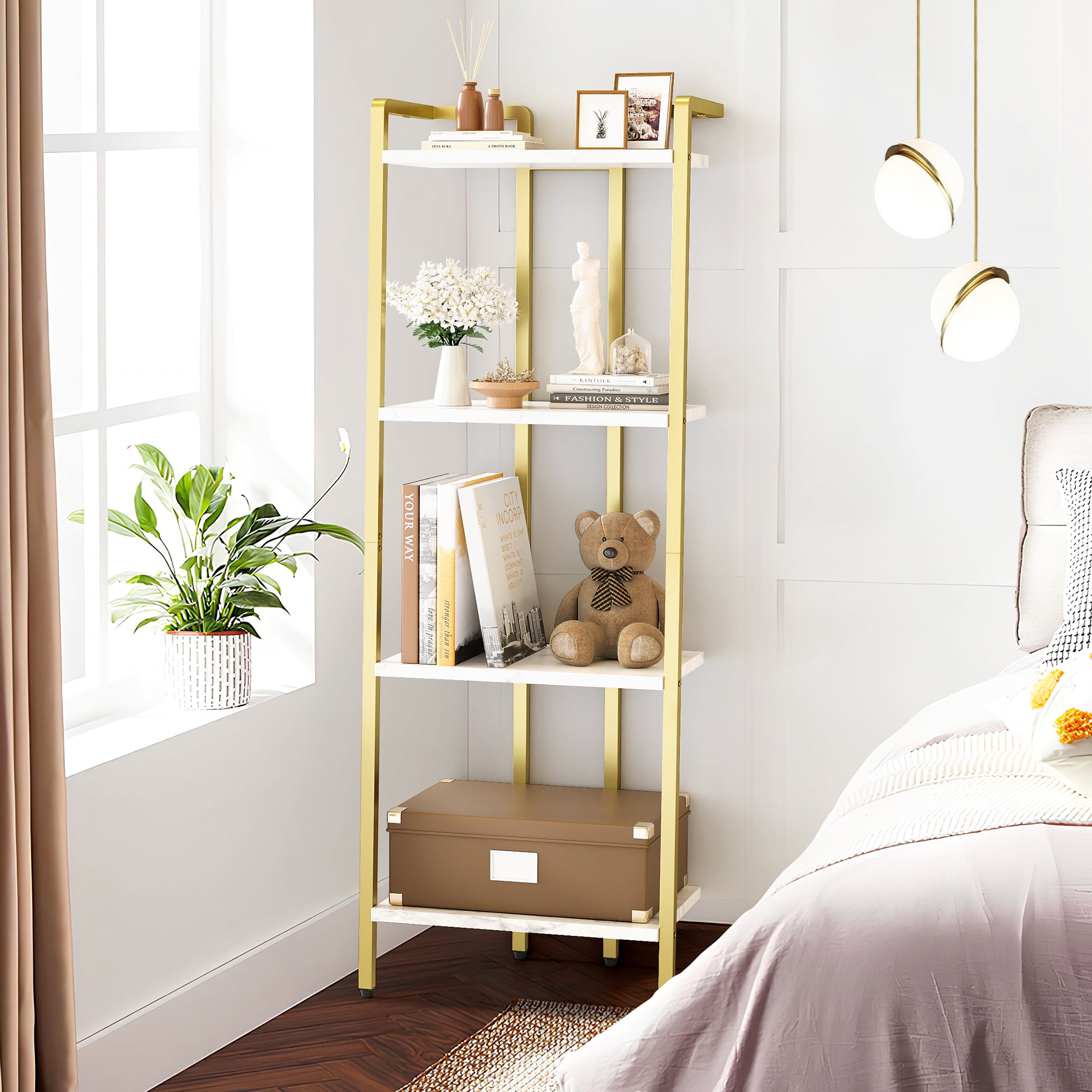 4 Tier Bookshelf, Gold Narrow Bookshelf with Metal Frame, Small ...