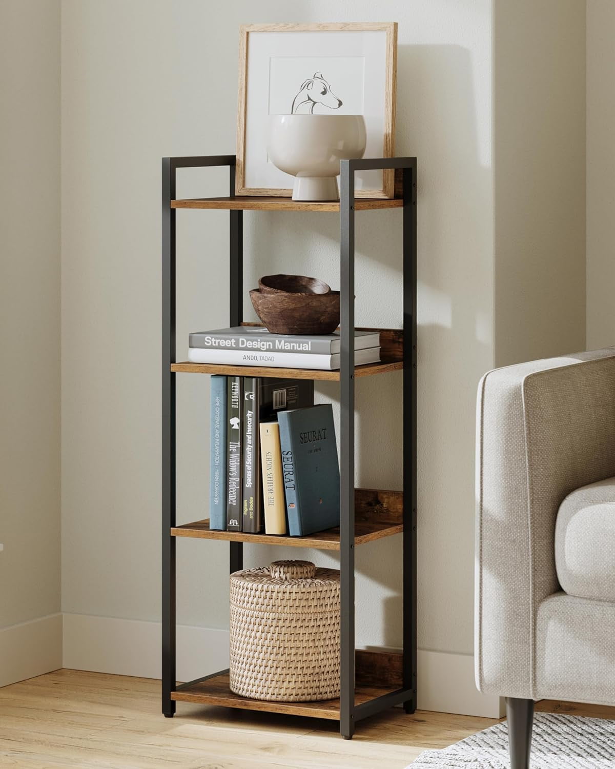 4-Tier Bookshelf, Narrow Bookcase with Open Shelves, Short Book Shelf ...