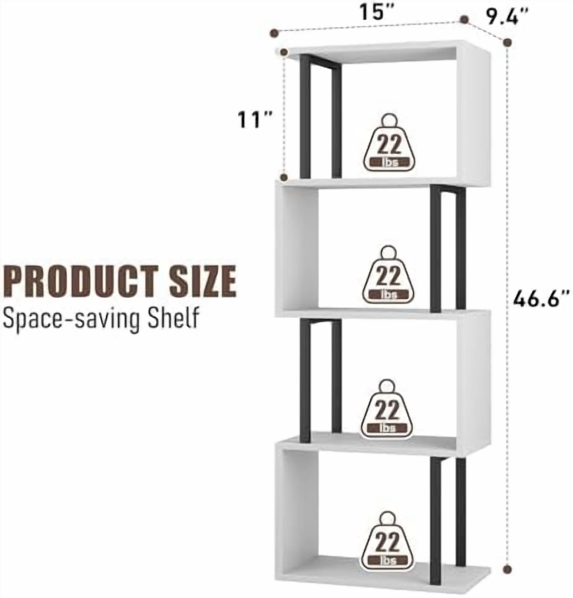 4-Tier Bookshelf, Narrow S-Shaped Geometric Bookcase, Wood Decorative ...