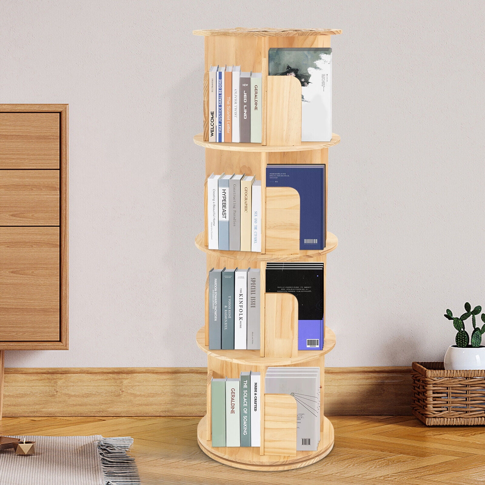 4 Tier Bookshelf Rotating Wood Storage Bookcase 360 Display Floor Stand ...