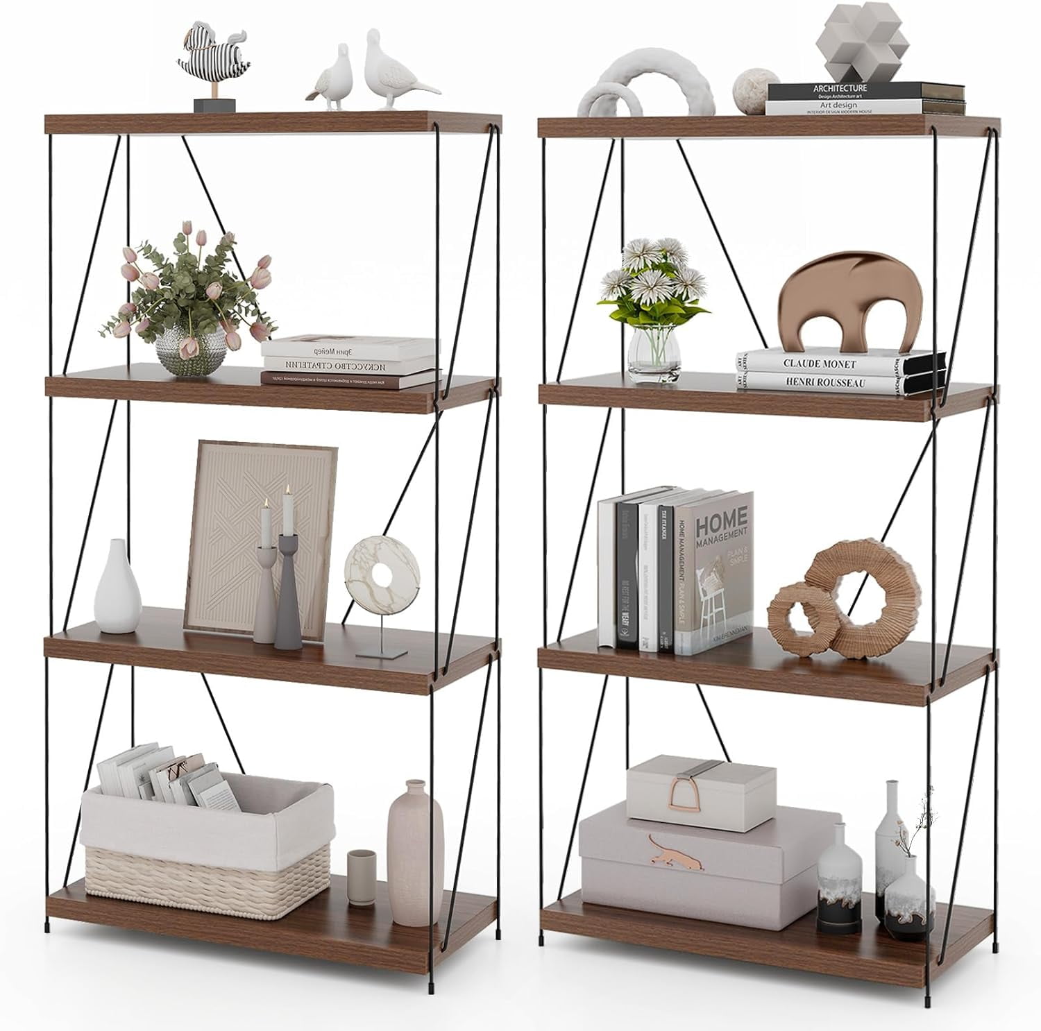 4-Tier Bookshelf Set of 2, Freestanding Bookcase Shelf with Metal Frame ...