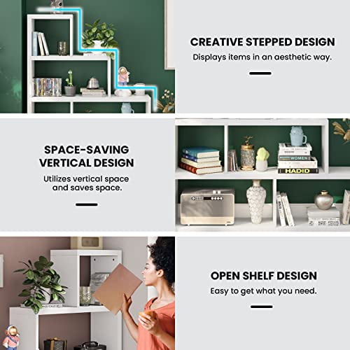 4 Tier Bookshelf, Step Bookcase with 6 Separate Storage Cubes, Wood ...