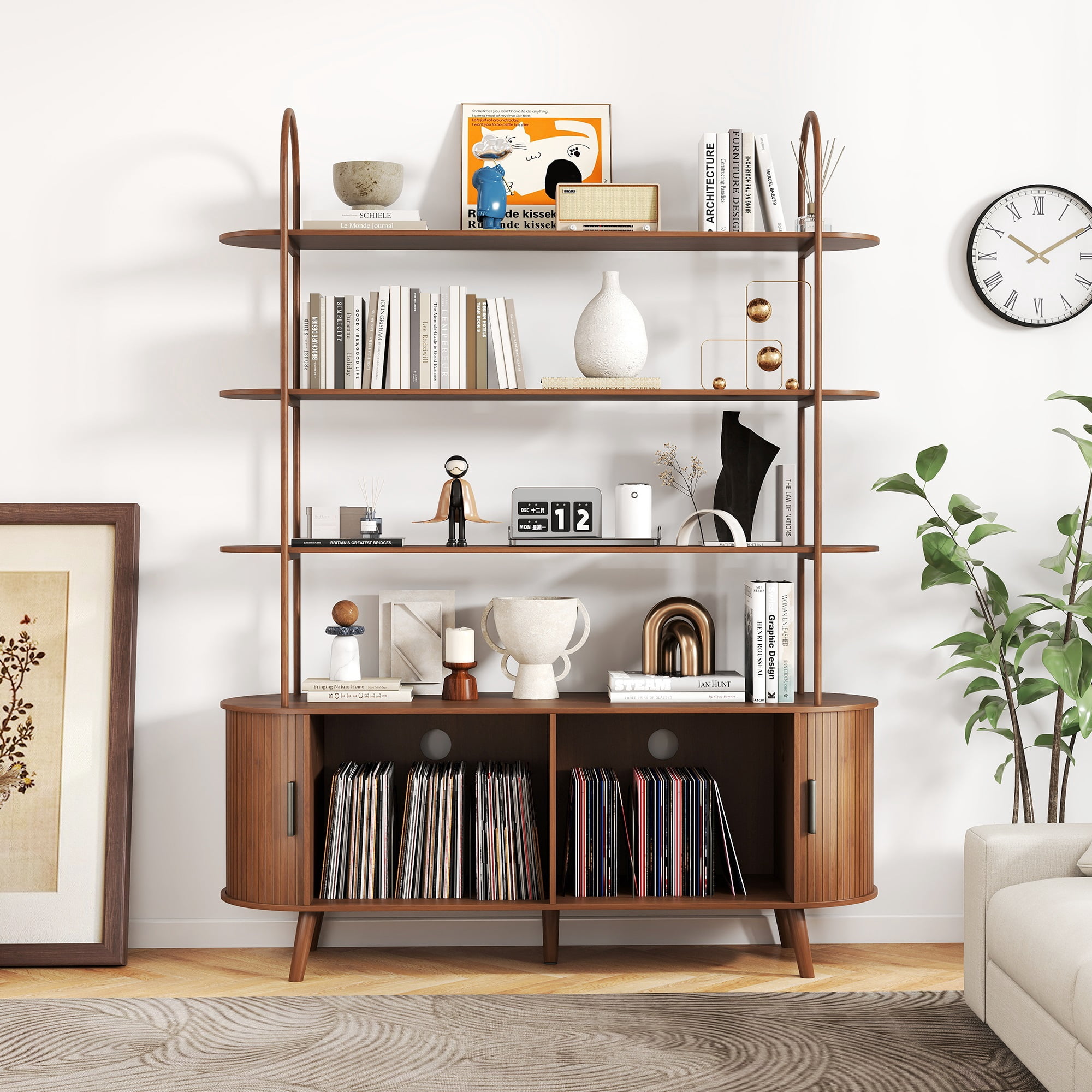 4 Tier Bookshelves, Tall Arched Bookshelf with Sliding Doors, Record ...