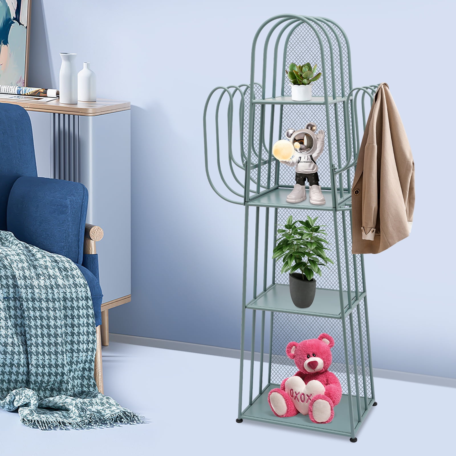 4 Tier Cactus Shape Bookcase, Iron Bookshelf Storage Rack Shelf, Living ...
