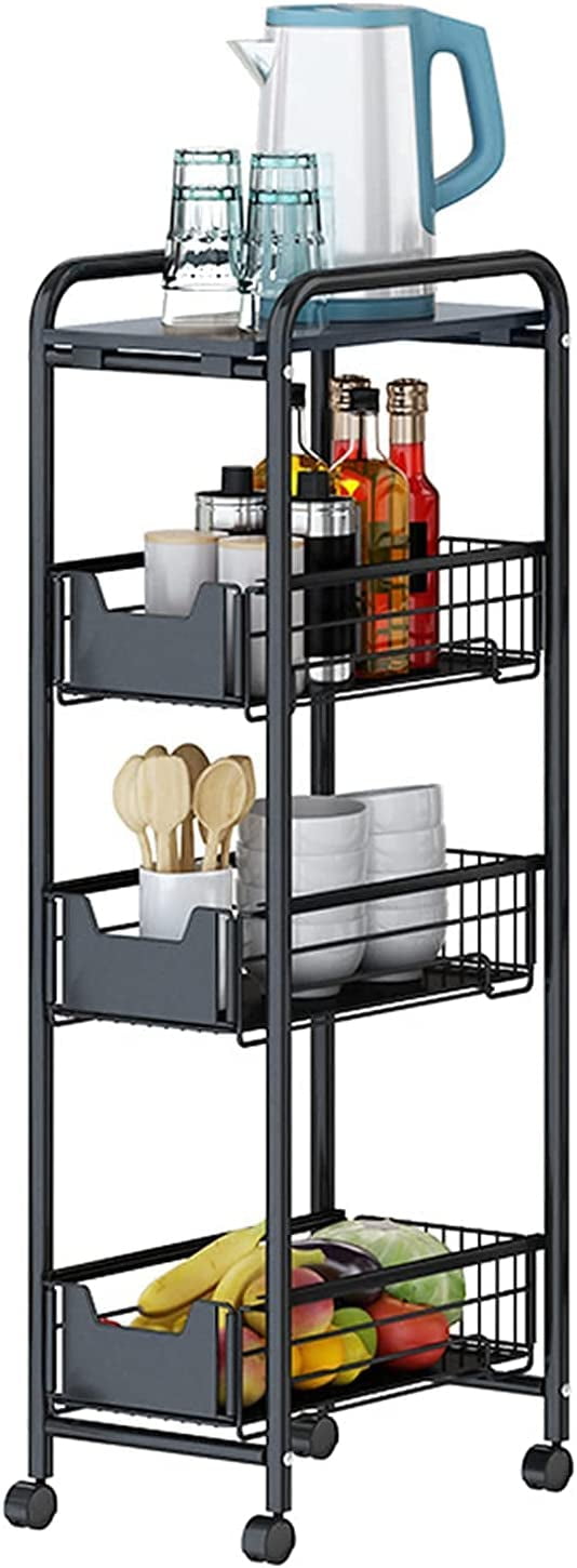 4-Tier Carbon Steel Slim Rolling Cart 9.4Inch Width Kitchen Storage ...