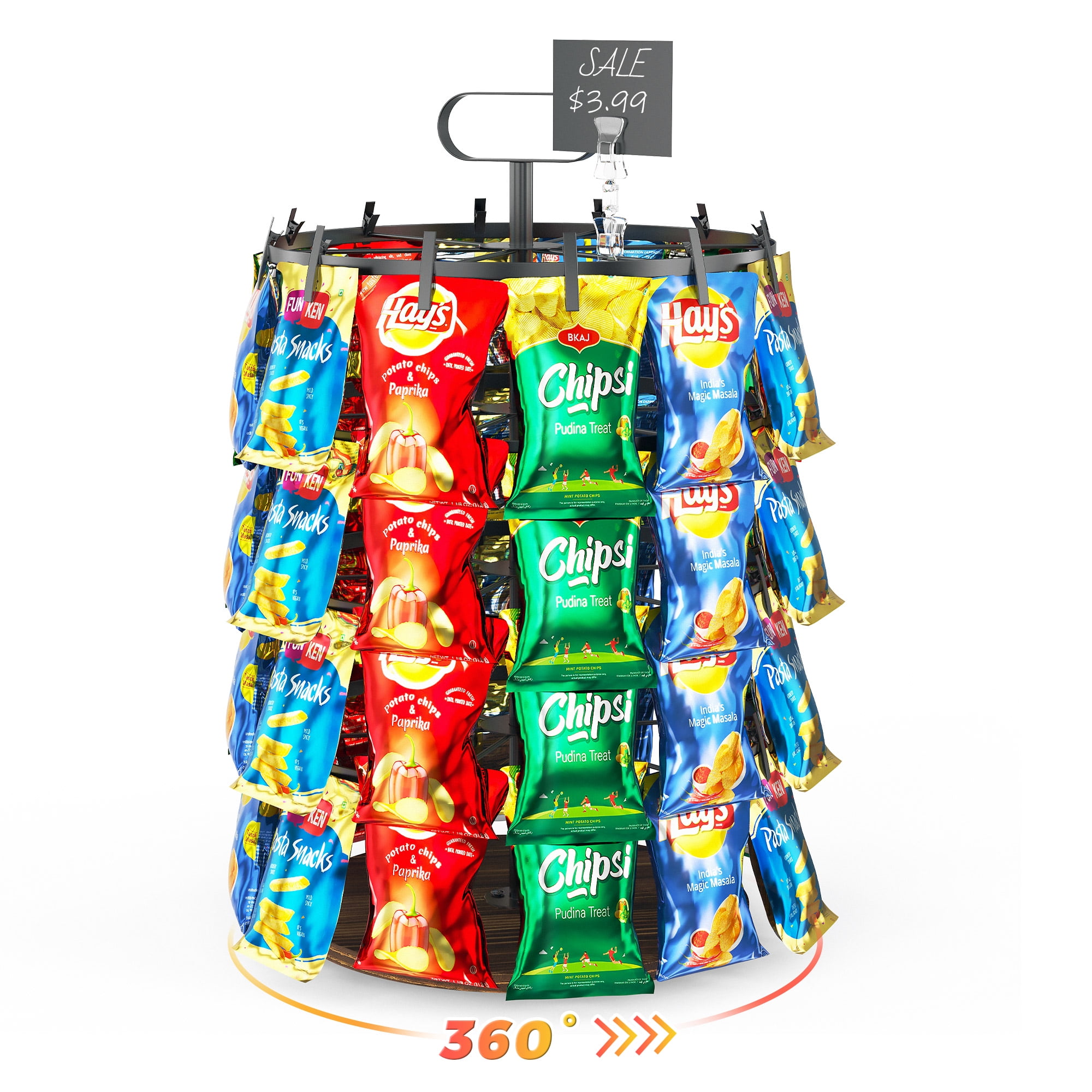 4 Tier Chip Rack Display Stand with 48 Clips, Rotating Chip Bag Holder ...