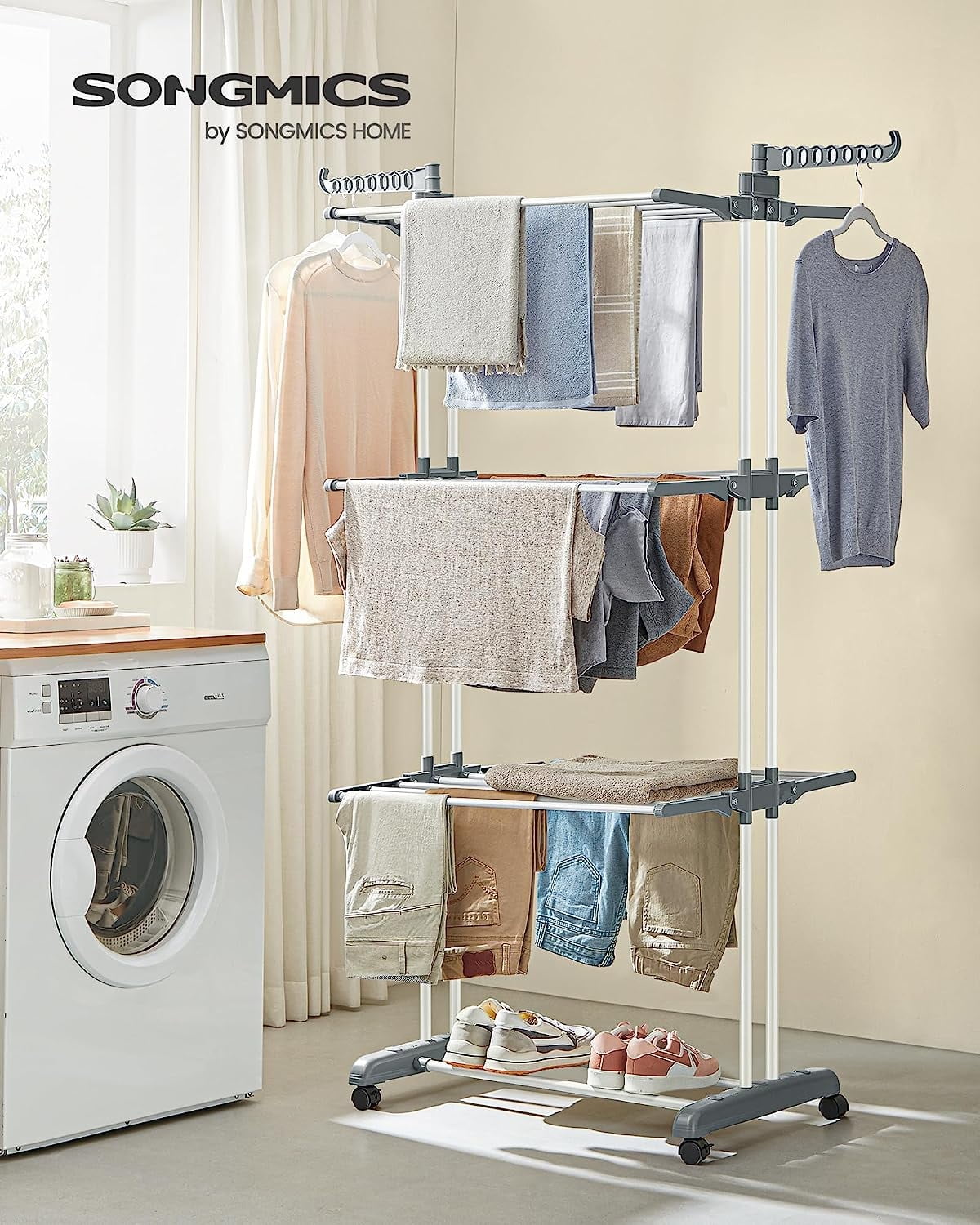 4-Tier Clothes Drying Rack Stand Foldable Laundry Drying Rack Rolling ...