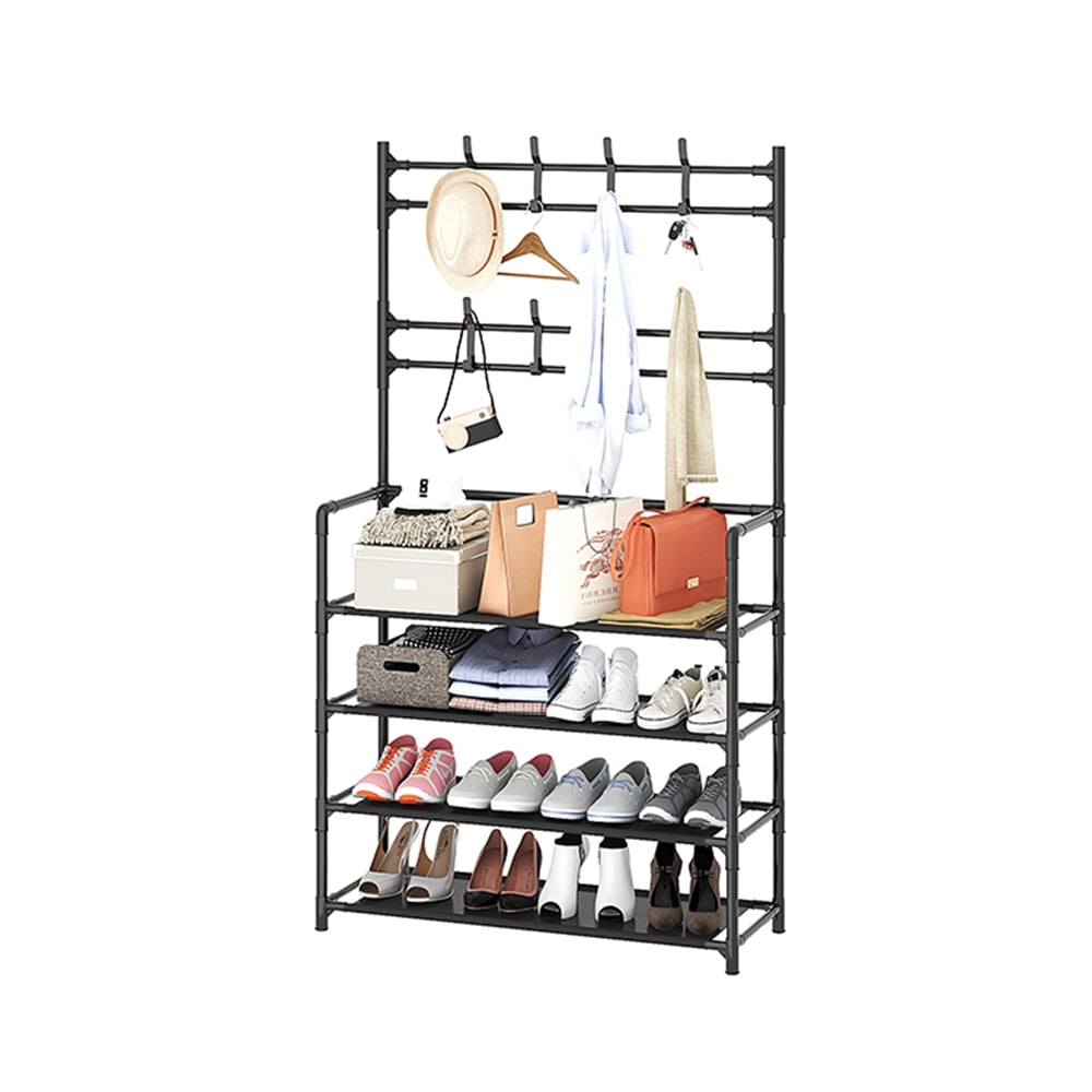 4-Tier Coat & Shoe Rack, Entryway Organizer with 8 Hooks, Metal Rack ...