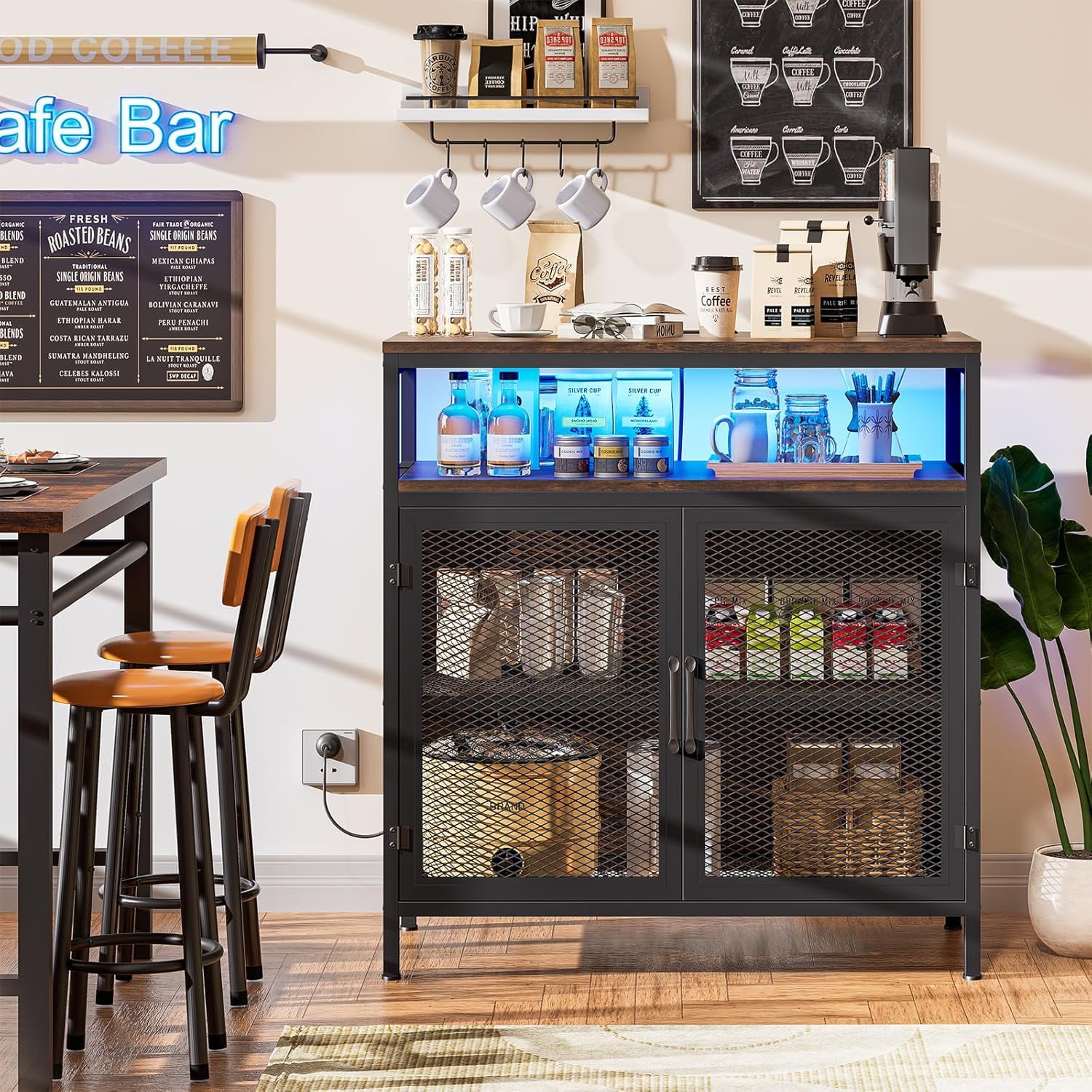 4 Tier Coffee Bar with Charging Station and Led Lights, Coffee Stand ...