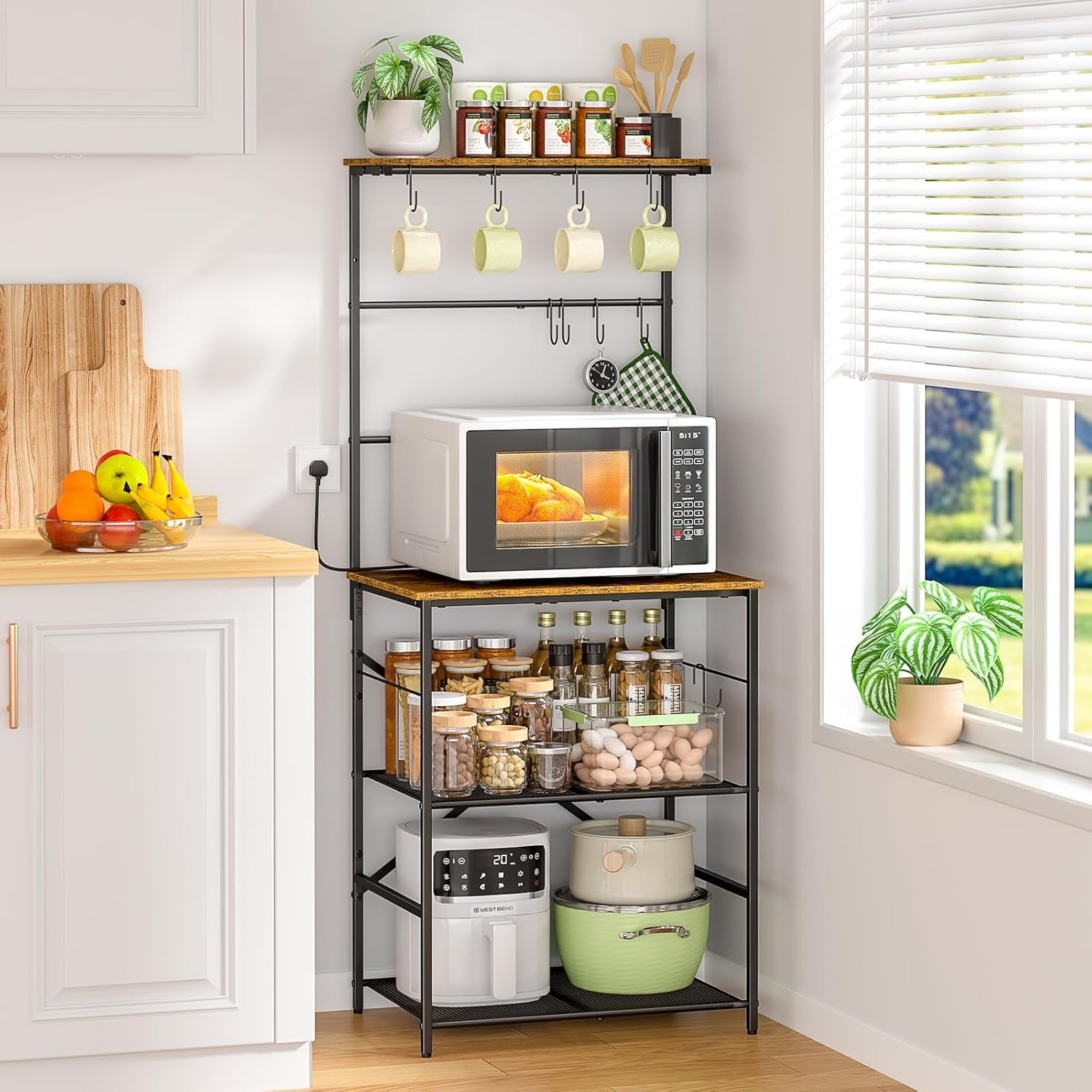 4 Tier Coffee Bar Station, Kitchen Stand with 8 S-Shaped Hooks, Large ...