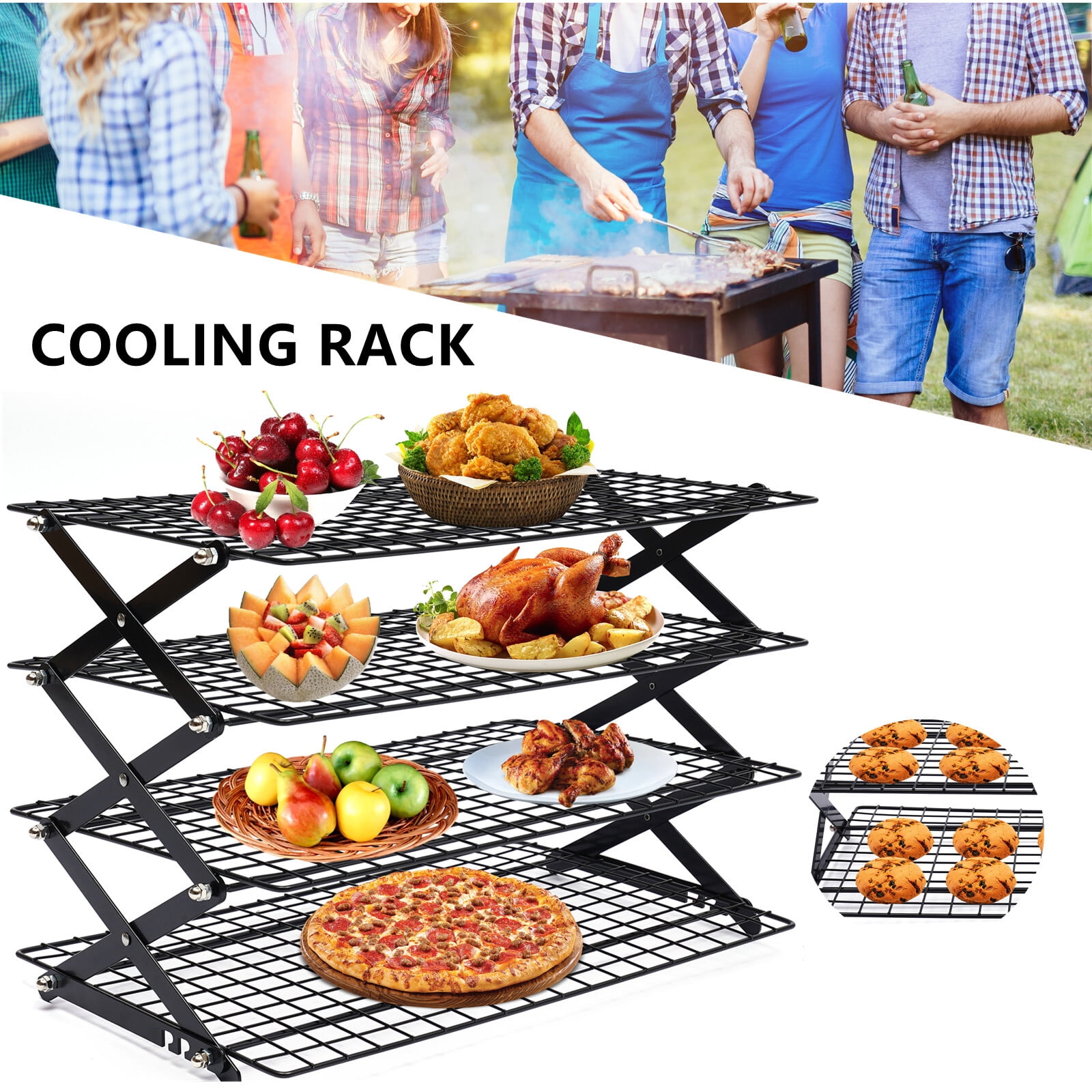 4-Tier Collapsible Cooling Rack, Adjustable Stackable Roasting Cooking Drying Wire, Barbecue ...