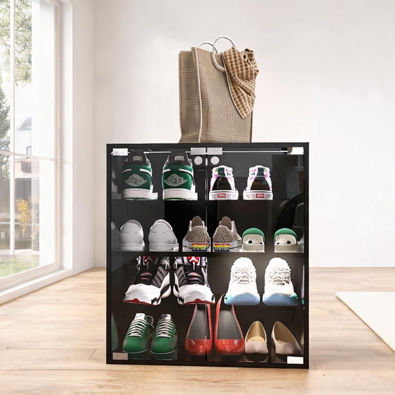 4-Tier Compact Shoe Cabinet, Jet Black MDF Glass, LED Lighting ...