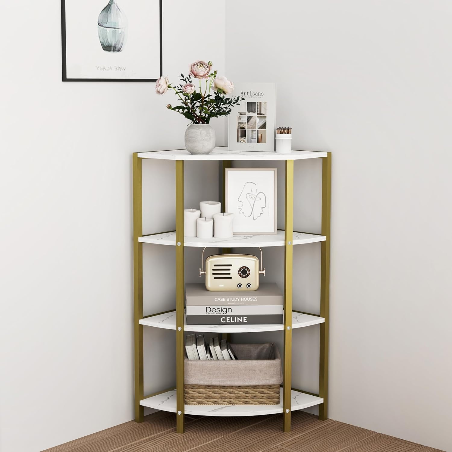 4 Tier Corner Bookshelf, Corner Shelves Plant Stand Small Short Corner ...