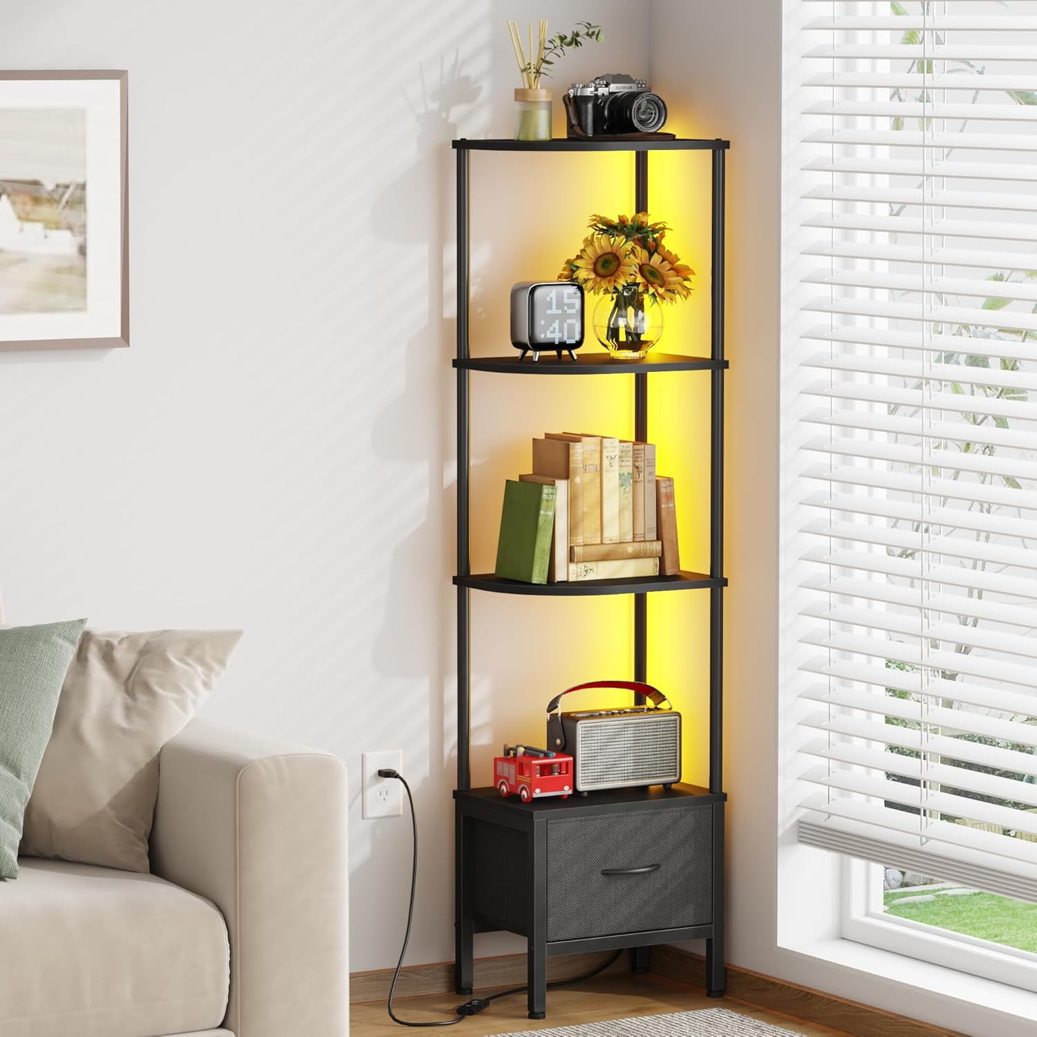 4-Tier Corner Bookshelf with LED Light and Fabric Drawer, 57" Tall ...