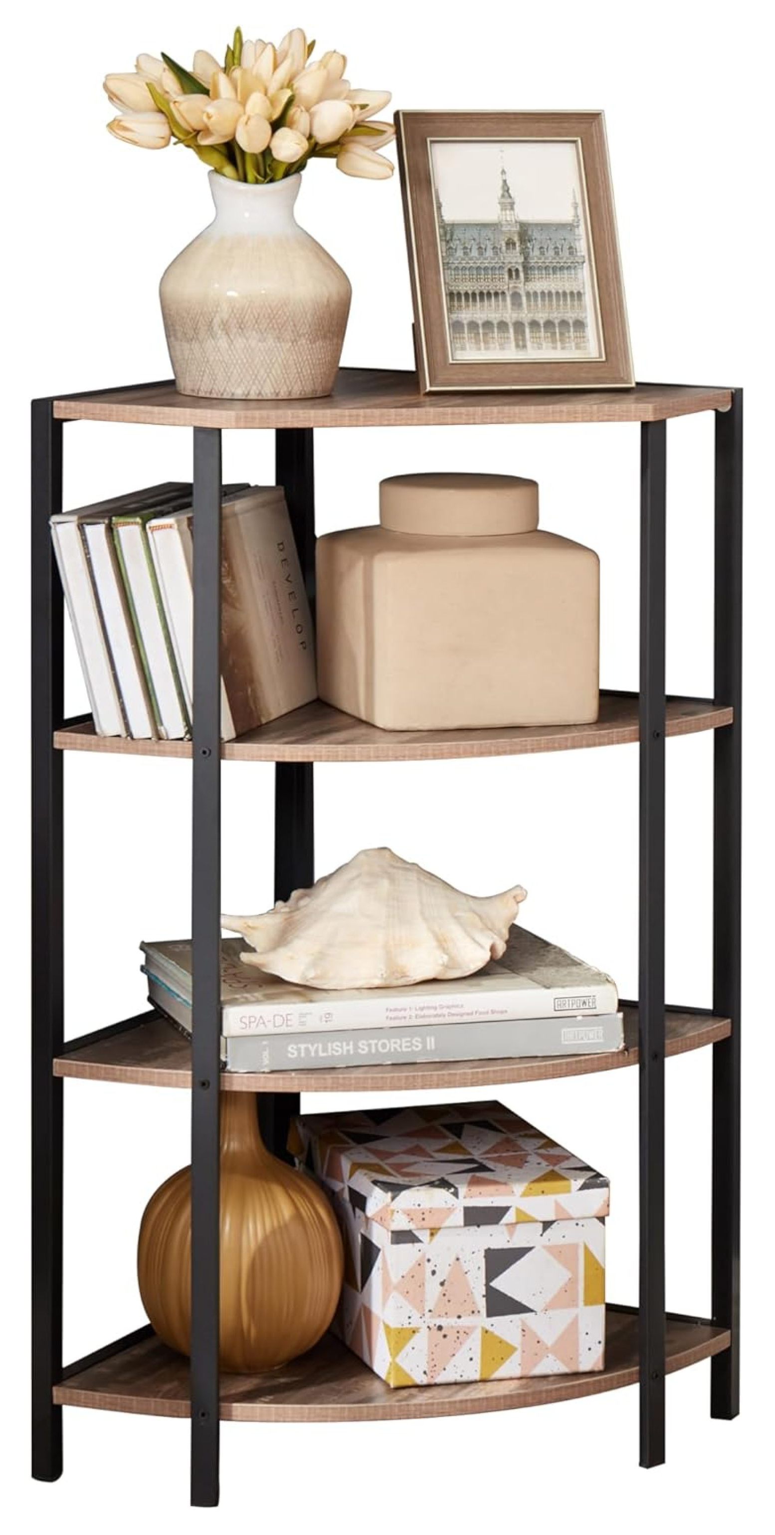 4-Tier Corner Bookshelf Stand, Modern Industrial Ladder Shelf, Storage ...