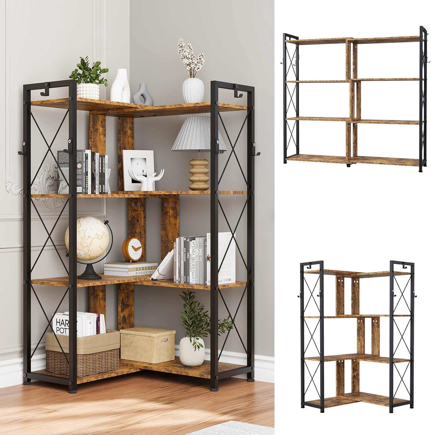 4 Tier Corner Bookshelf, l Shaped Bookshelf with Metal Frame, Tall ...