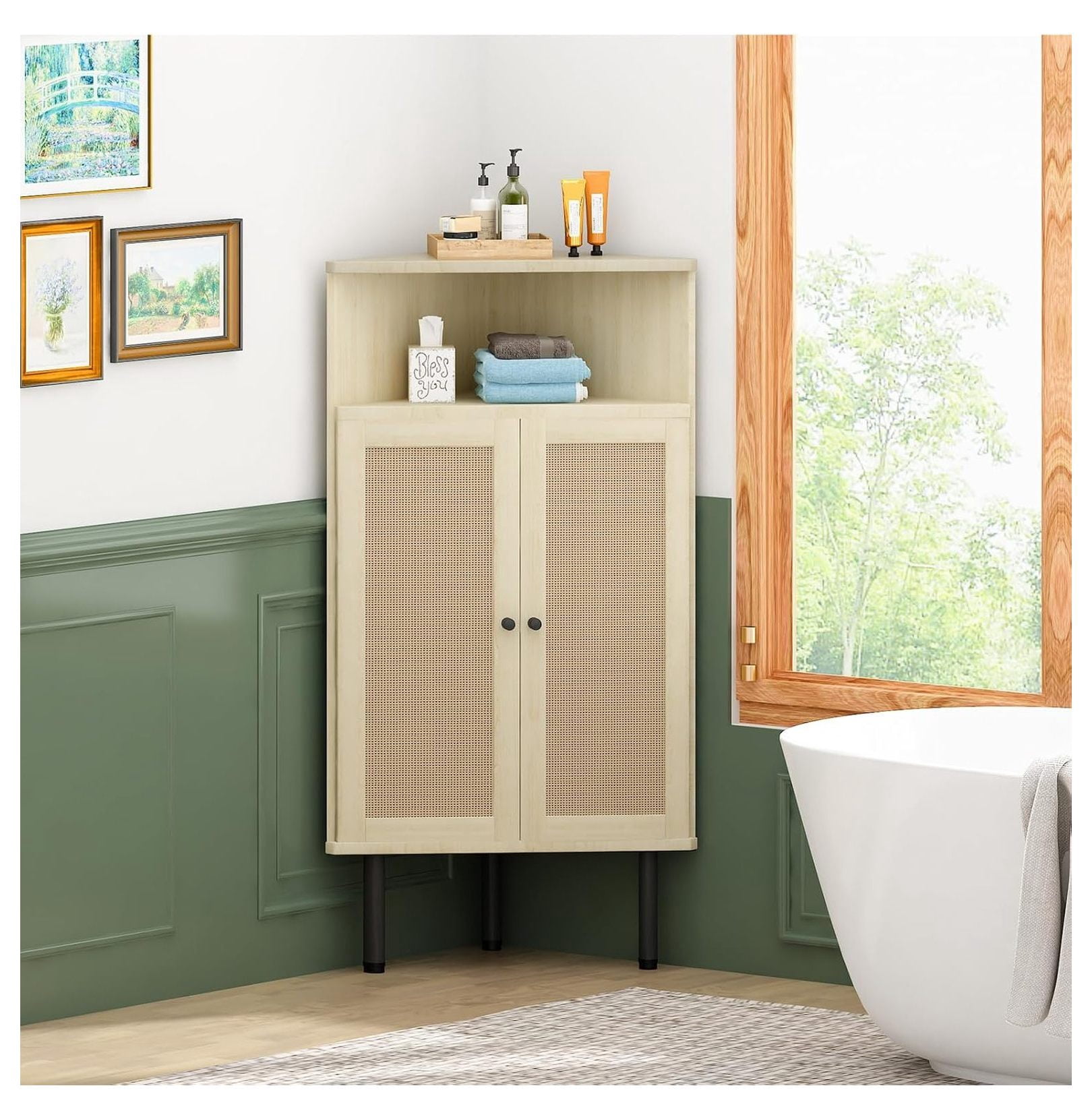 4-Tier Corner Cabinet with Doors & Shelves, Rattan Freestanding Bar ...