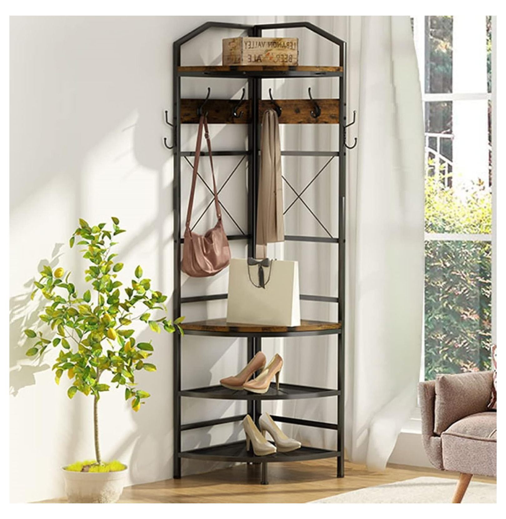 4-Tier Corner Coat Rack with Shoe Storage Entryway, Farmhouse Corner ...