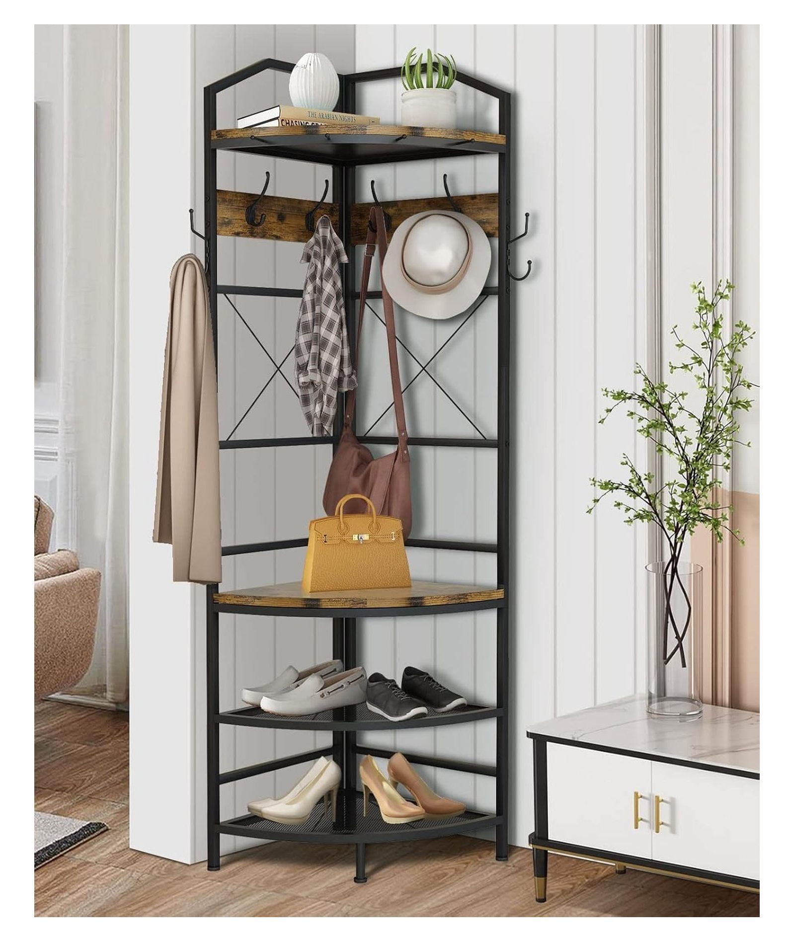 4-Tier Corner Coat Rack with Storage for Entryway, Farmhouse Corner ...