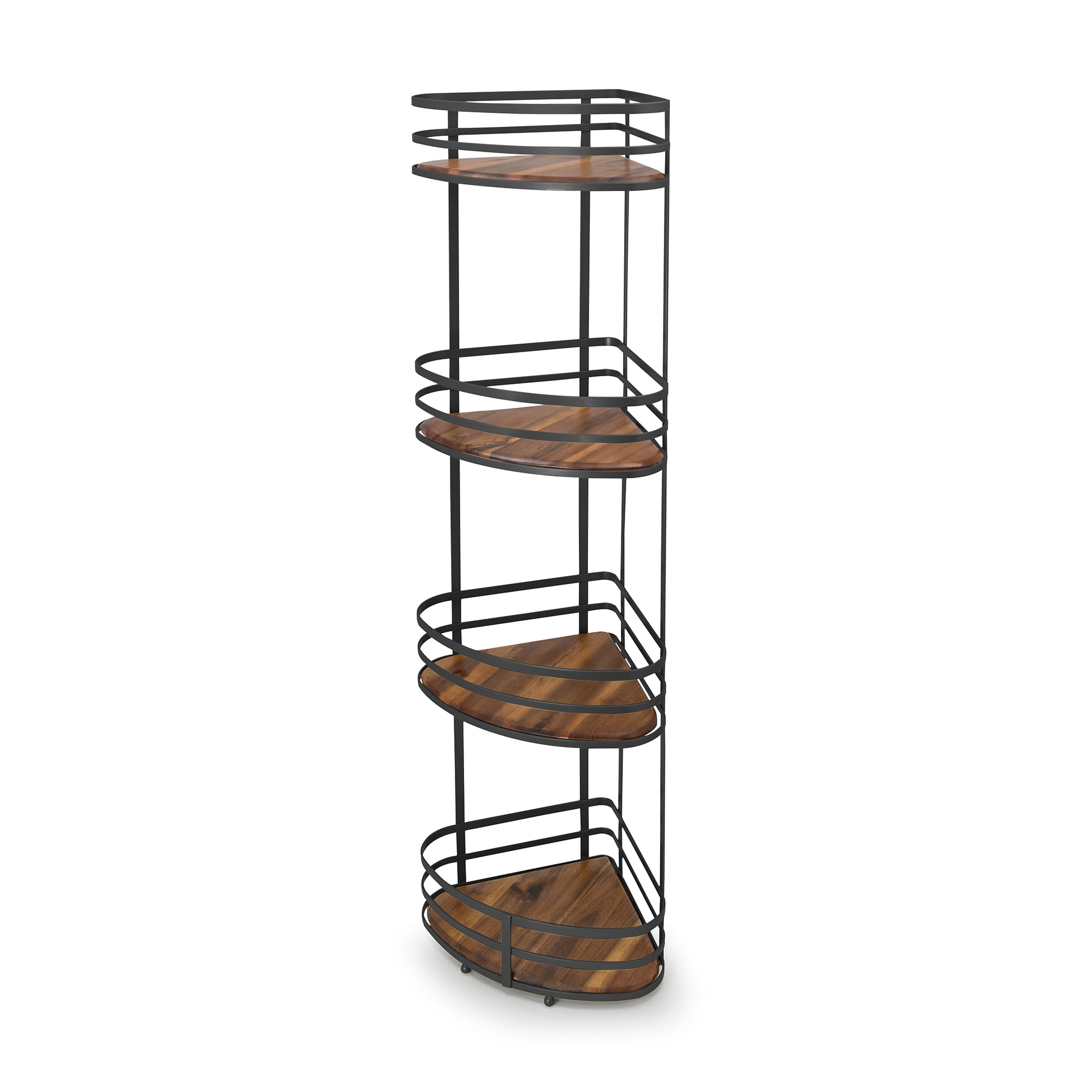 4-Tier Corner Floor Caddy with Acacia Wood Accents in Matte Black ...