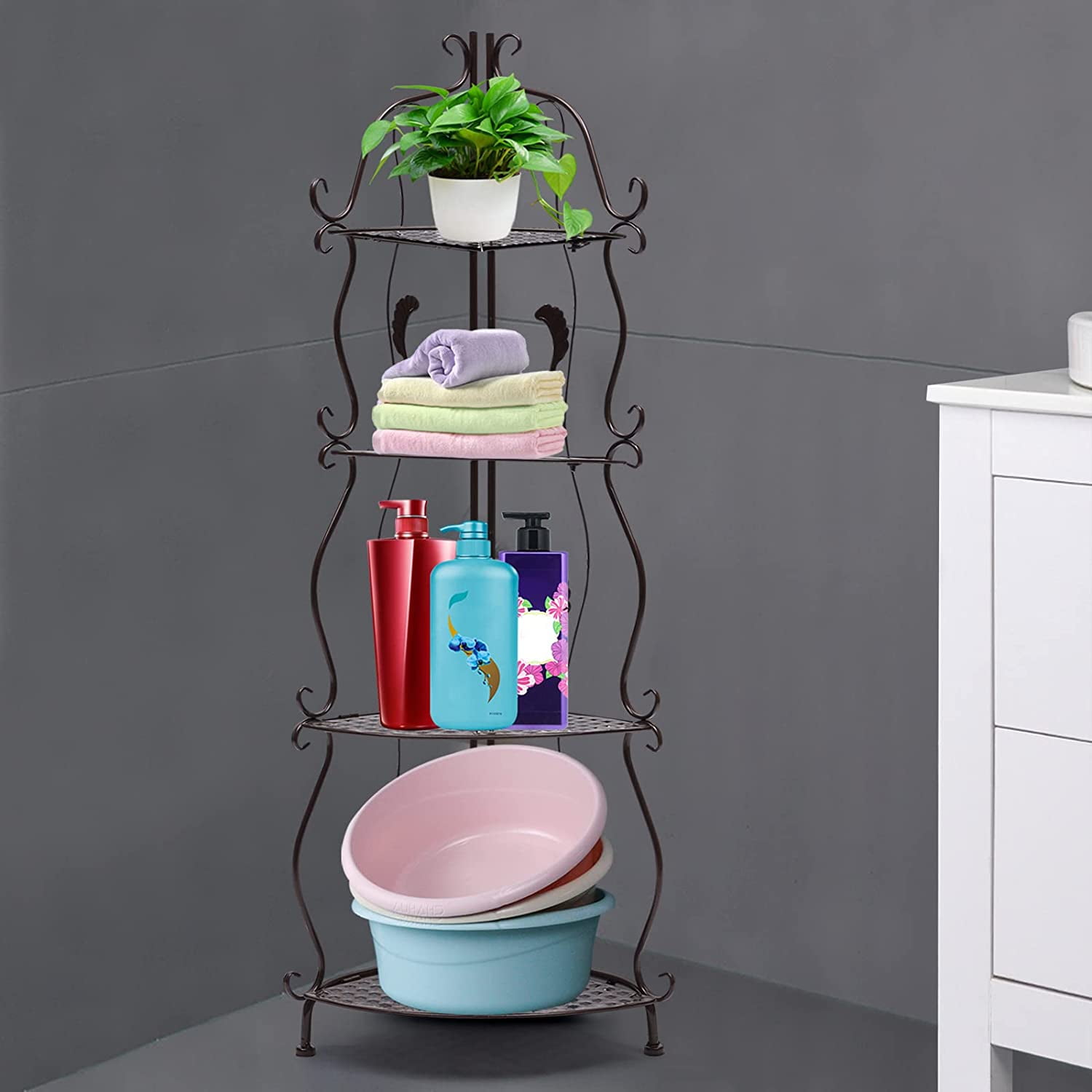 4 Tier Corner Ladder Shelf Iron Corner Shelf Stand Foldable Display ...