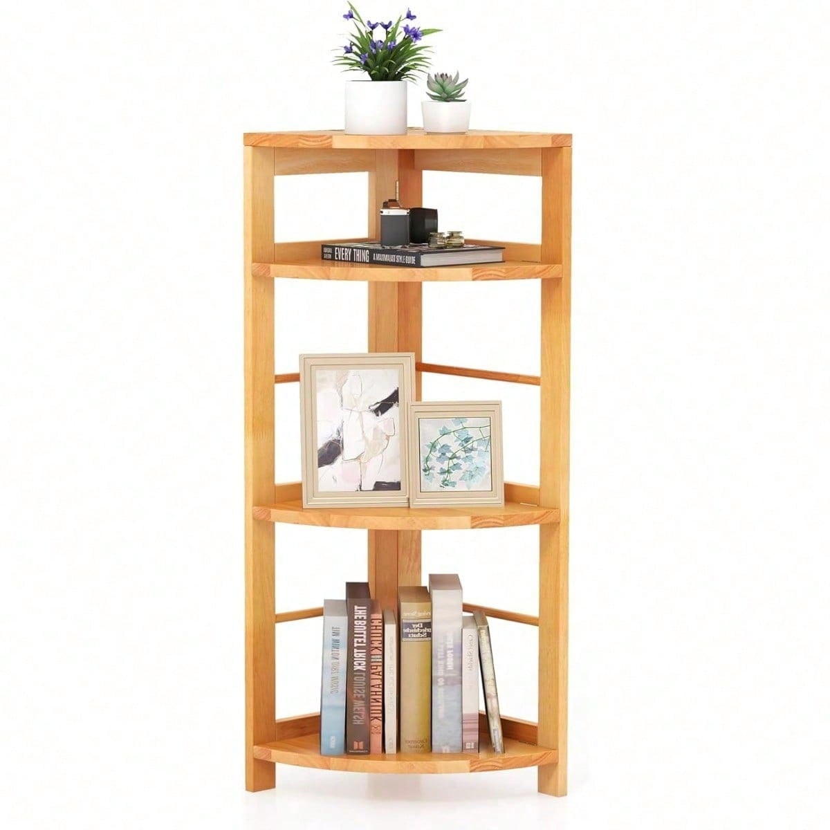 4-Tier Corner Shelf, 34" Bookshelf with Rubber Wood Frame, Anti ...