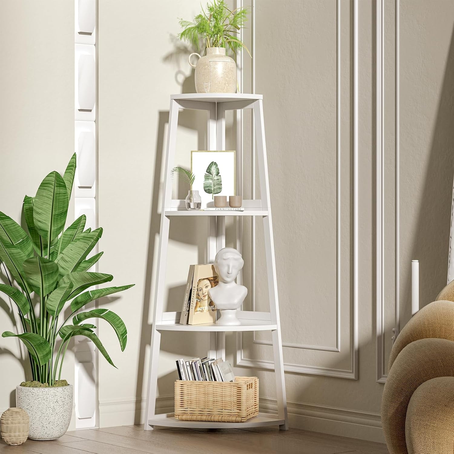 4 Tier Corner Shelf, Bamboo Corner Shelf White, 47" Tall Corner Ladder ...