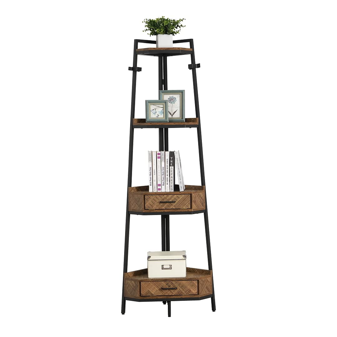 4 Tier Corner Shelf with Drawers, Industrial Corner Bookshelf, Small ...