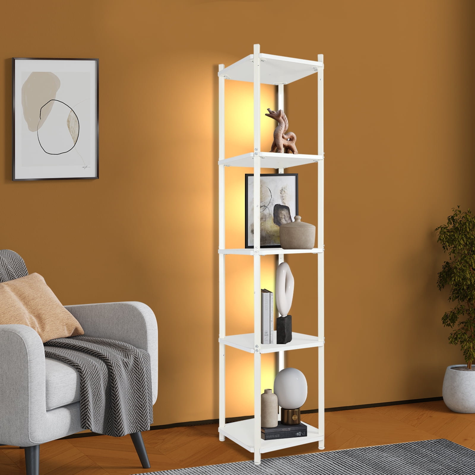 4 Tier Corner Shelf with LED Light, 57.8” Tall Standing Shelf Organizer ...