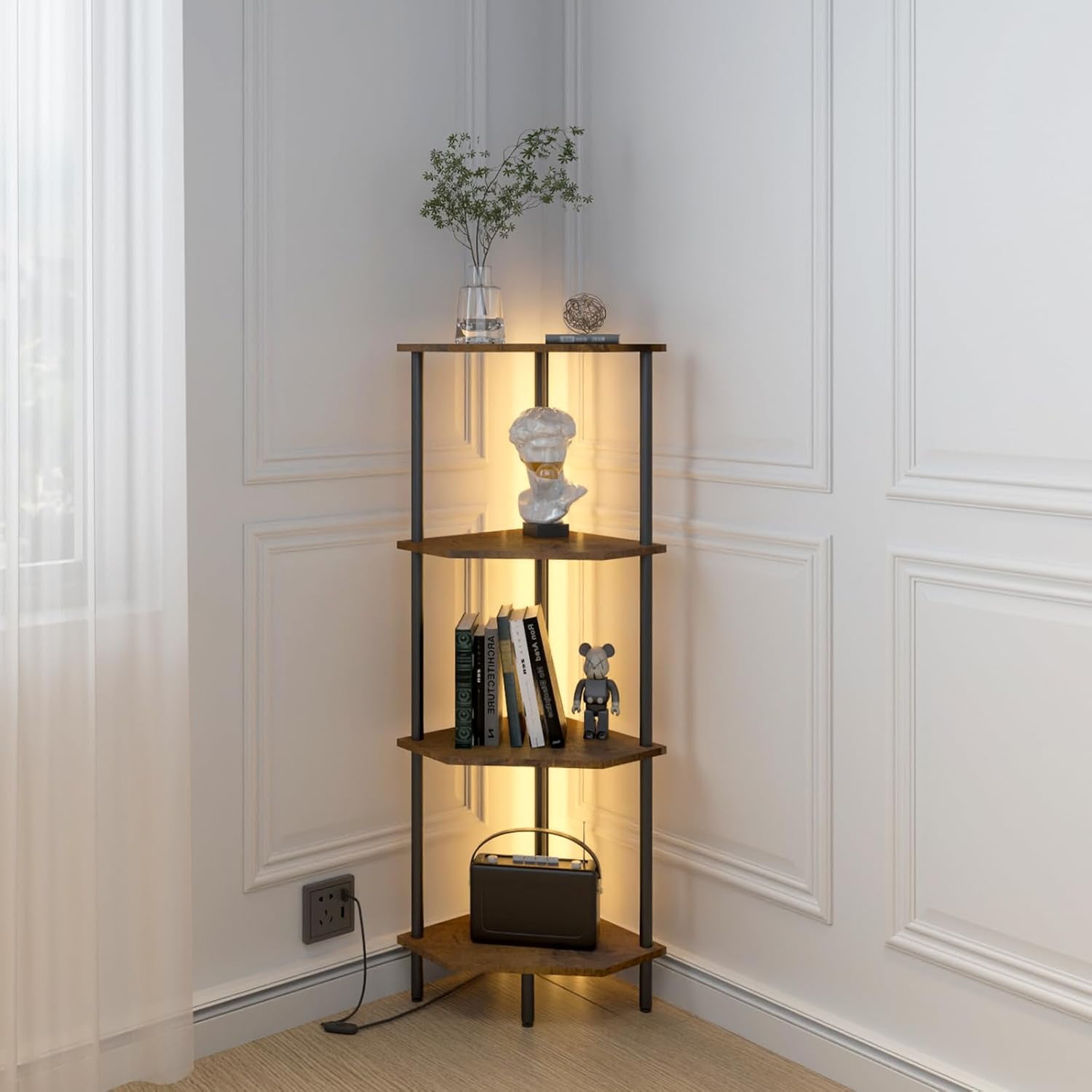4 Tier Corner Shelf with LED Light,Bookcase for Small Spaces,Display ...