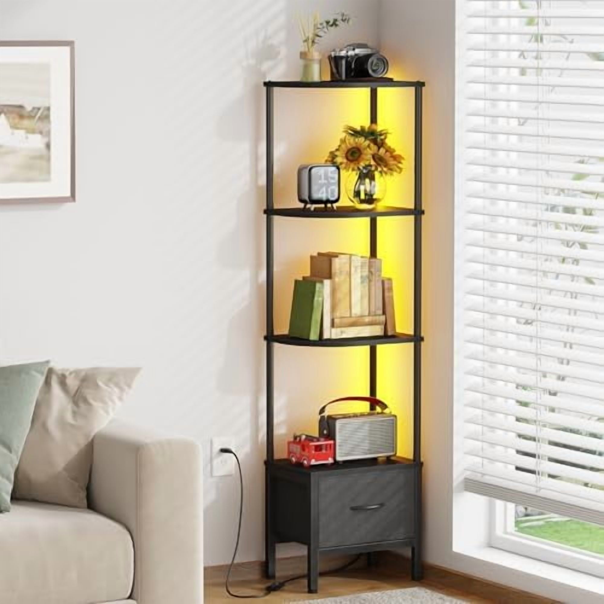 4-Tier Corner Shelf with LED Light and Fabric Drawer, 57" Tall Narrow ...