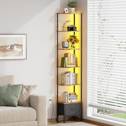 4-Tier Corner Shelf with LED Light and Fabric Drawer, 57" Tall Narrow ...