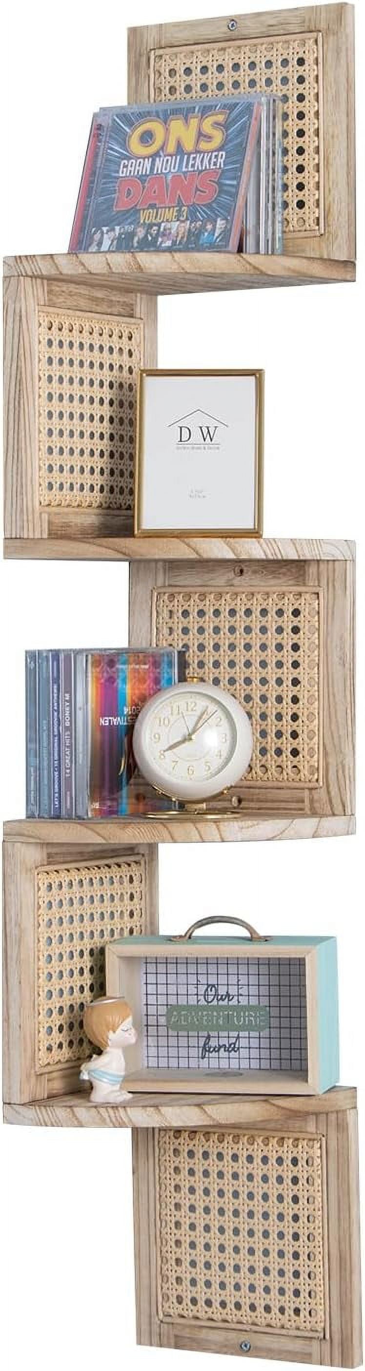 4-Tier Corner Shelf Natural Rattan Floating Corner Shelves Wall Mount ...