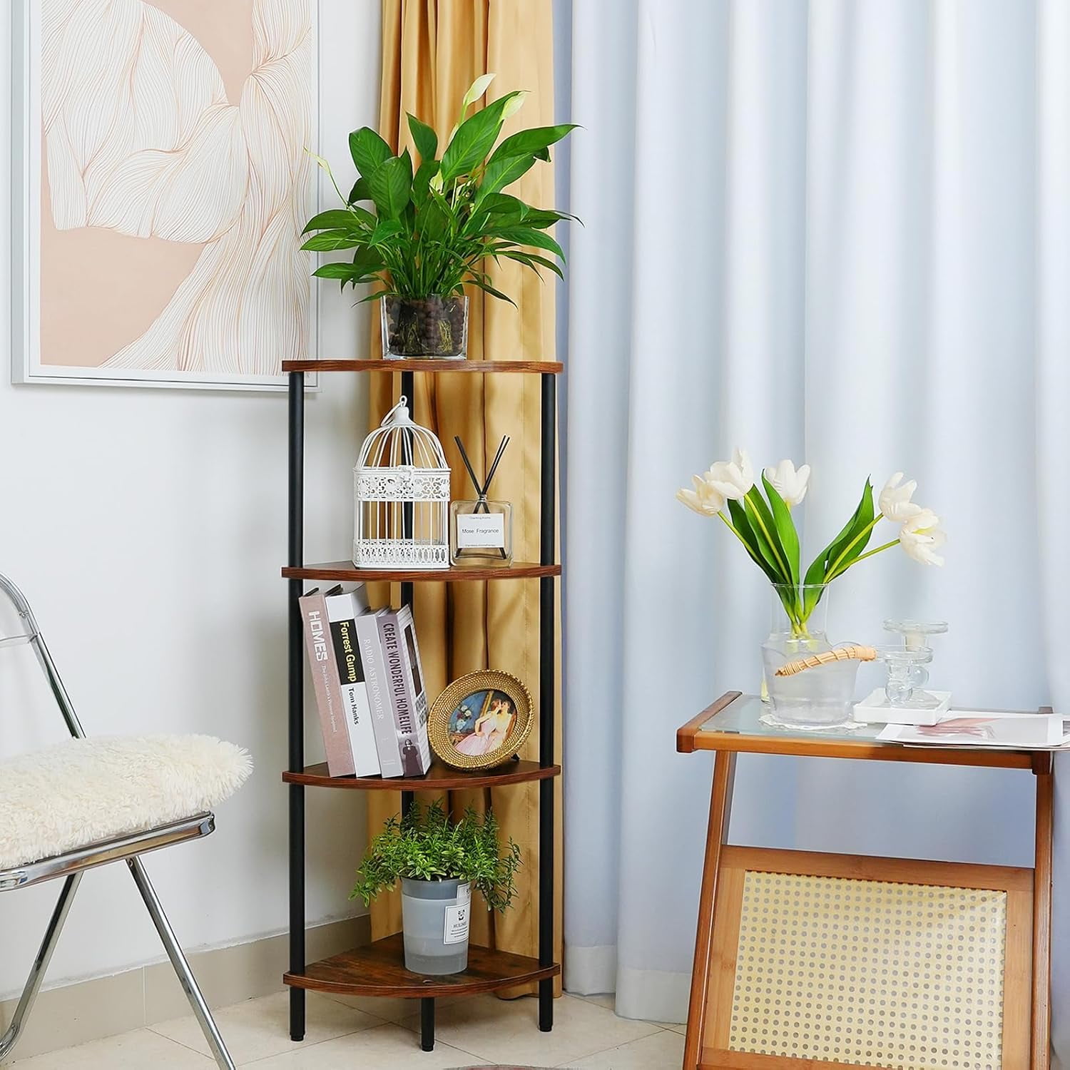 4 Tier Corner Shelf Stand, 40 Inch Corner Storage Shelf, Corner Display ...