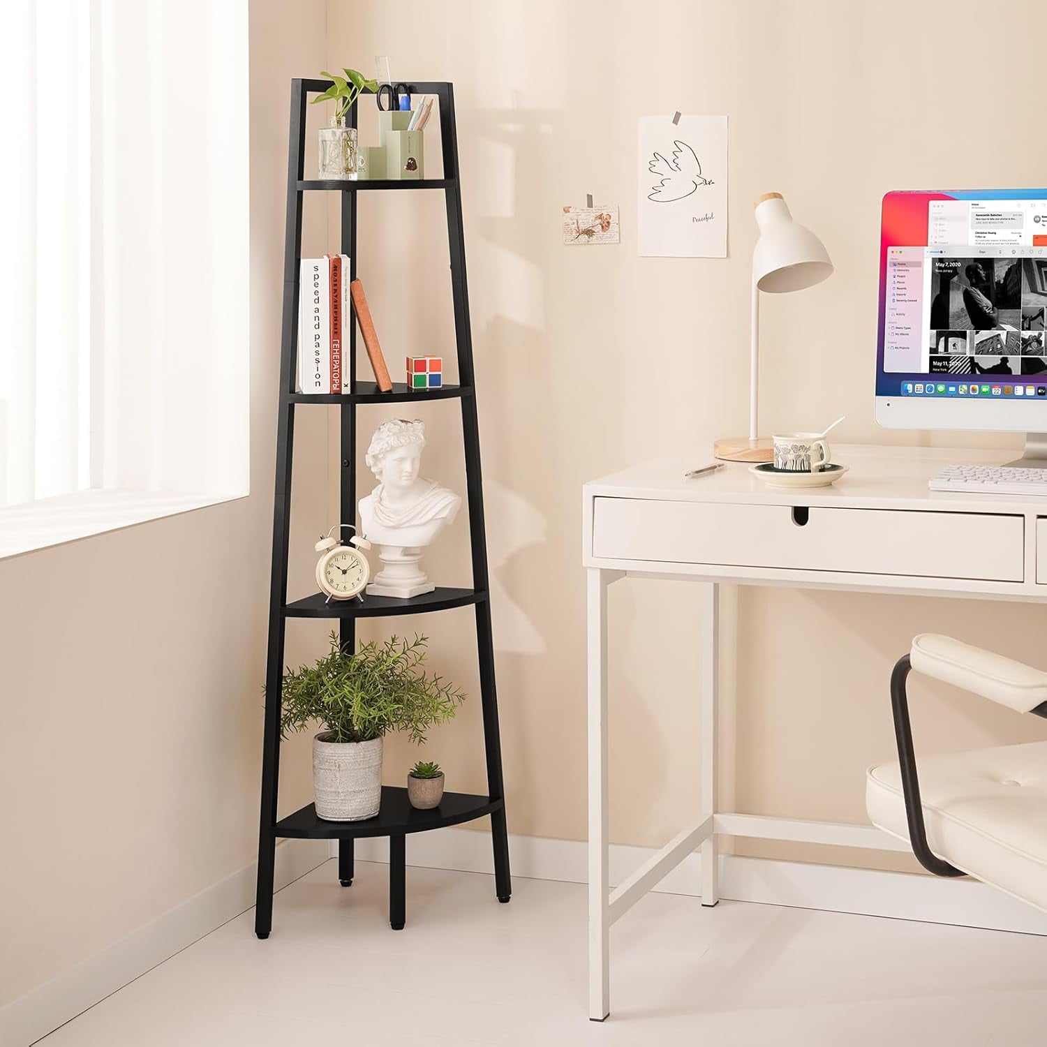4-Tier Corner Shelf With Metal Frame, Ladder Bookshelf Display for ...