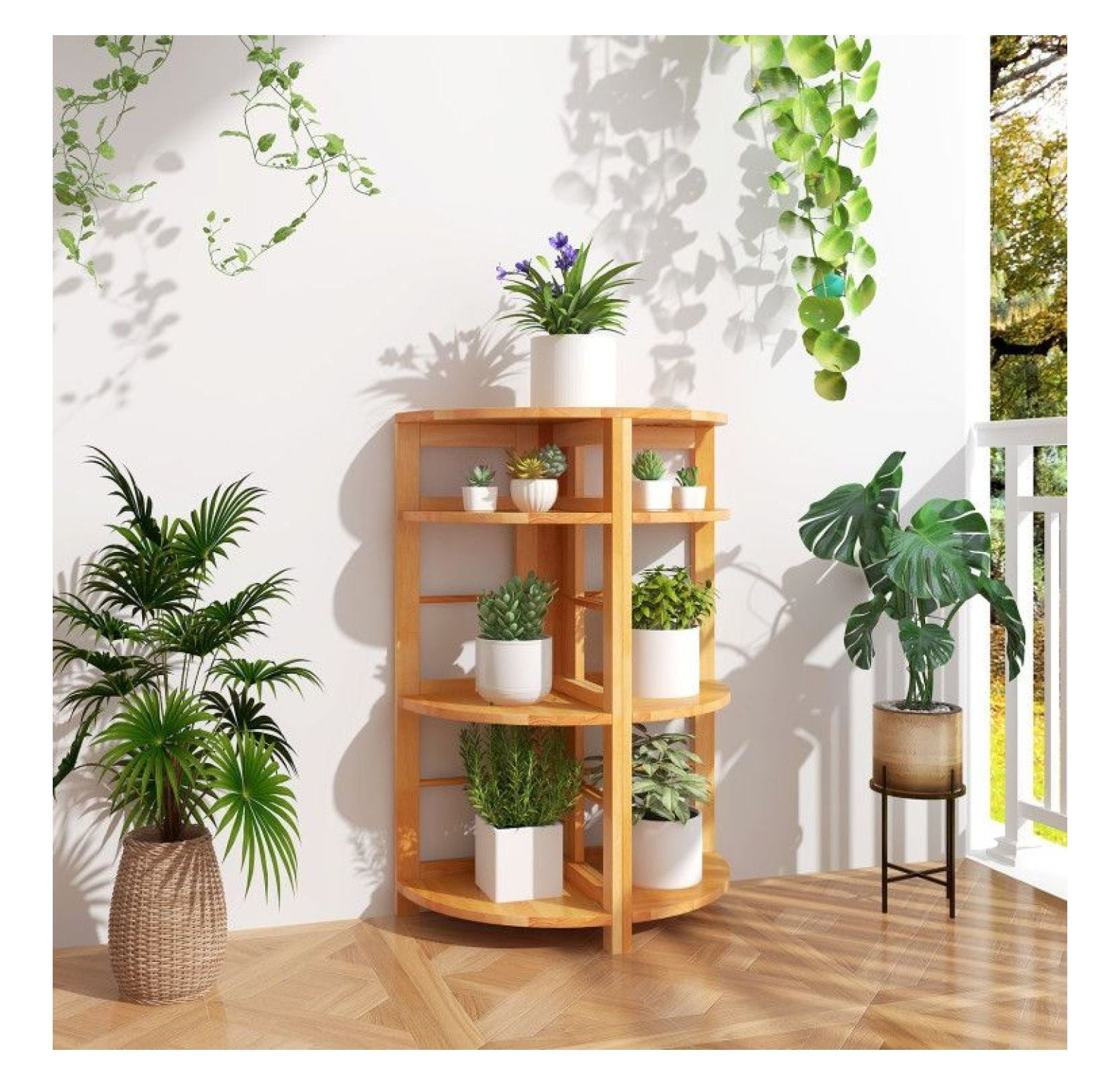 4-Tier Corner Shelf with Rubber Wood Frame and Anti-Toppling Kit ...